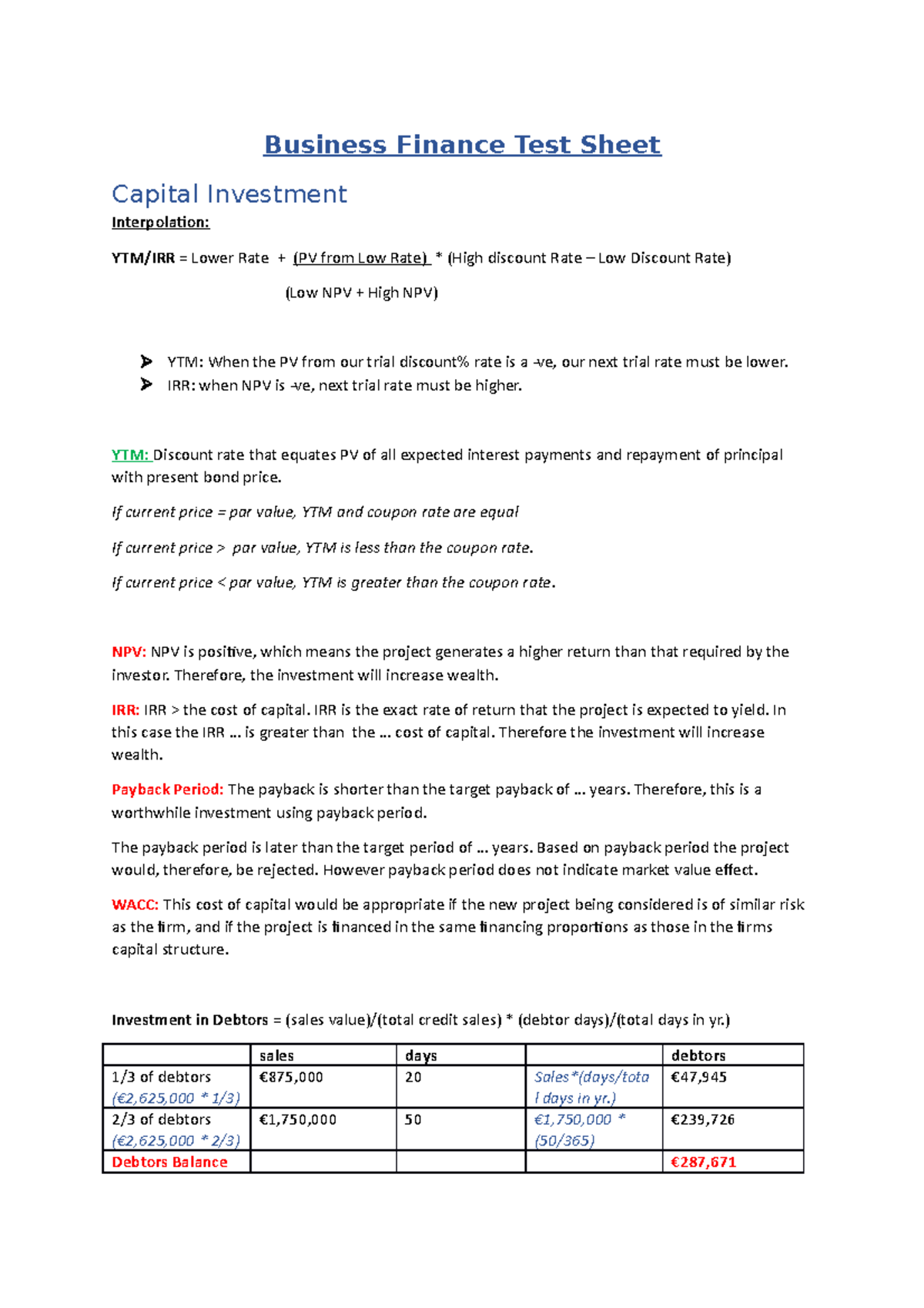 BF TEST Sheet - Business Finance Test Sheet Capital Investment ...
