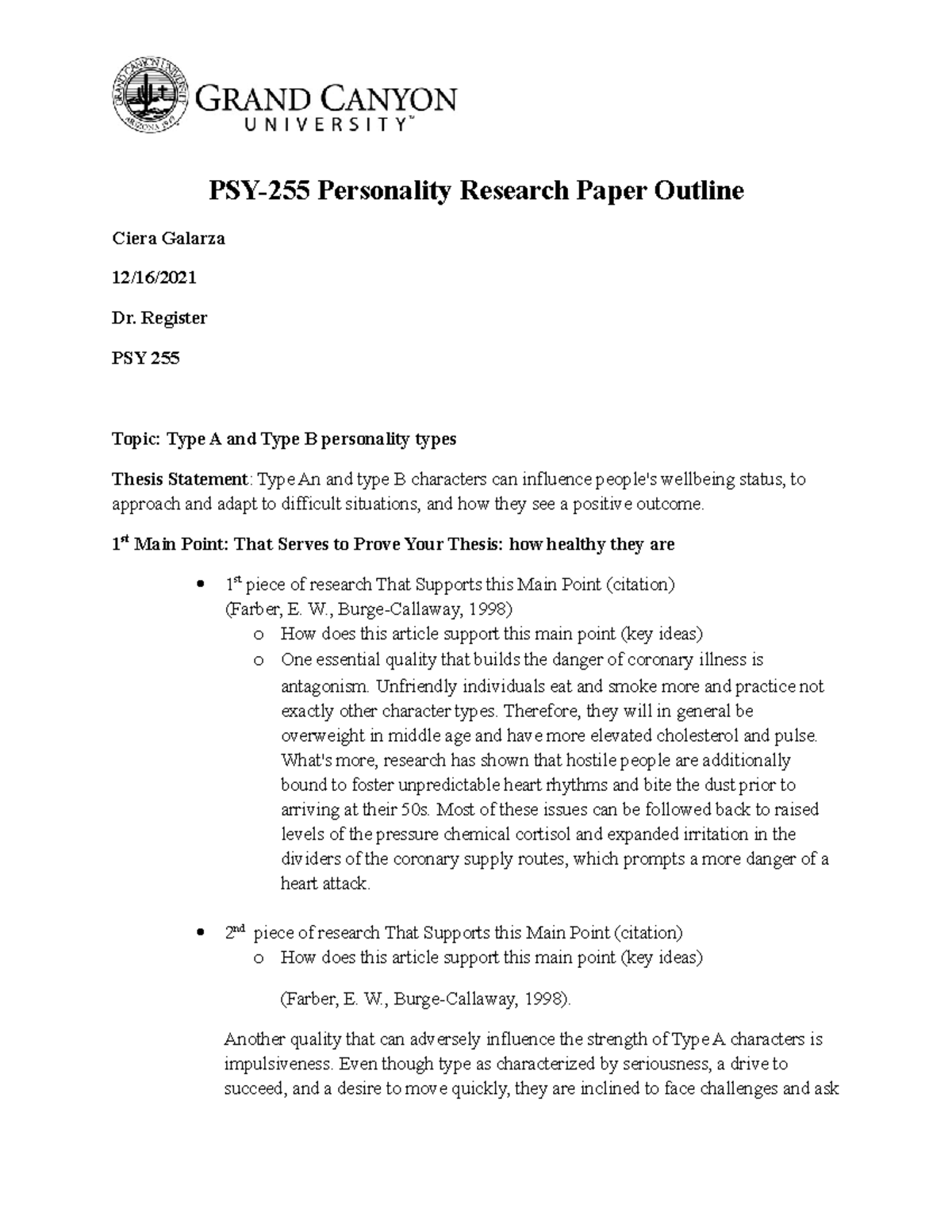 Personality outline - bio 220 document - PSY-255 Personality Research ...