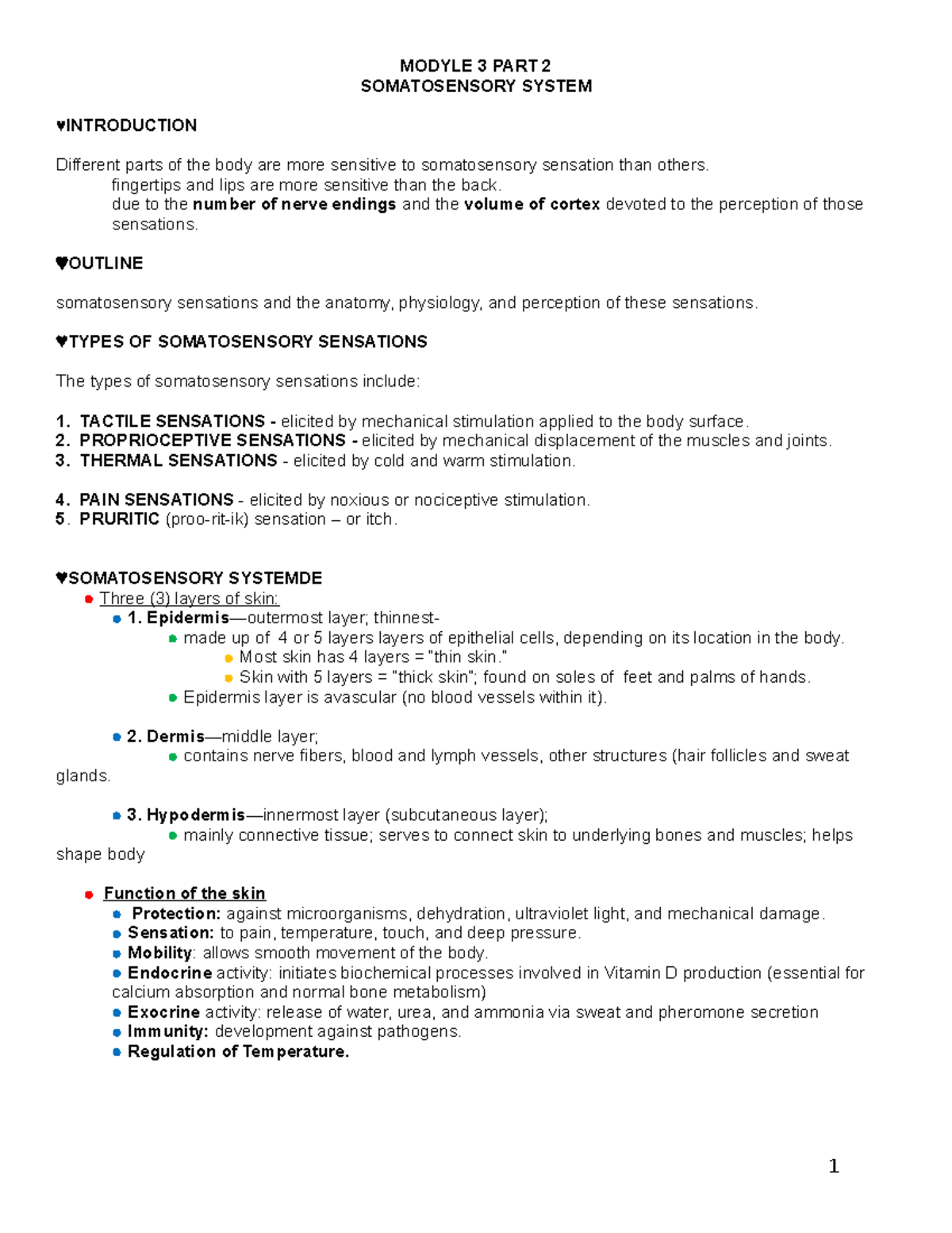 Notes for Module 3 part 2 (10 - MODYLE 3 PART 2 SOMATOSENSORY SYSTEM ♥ ...
