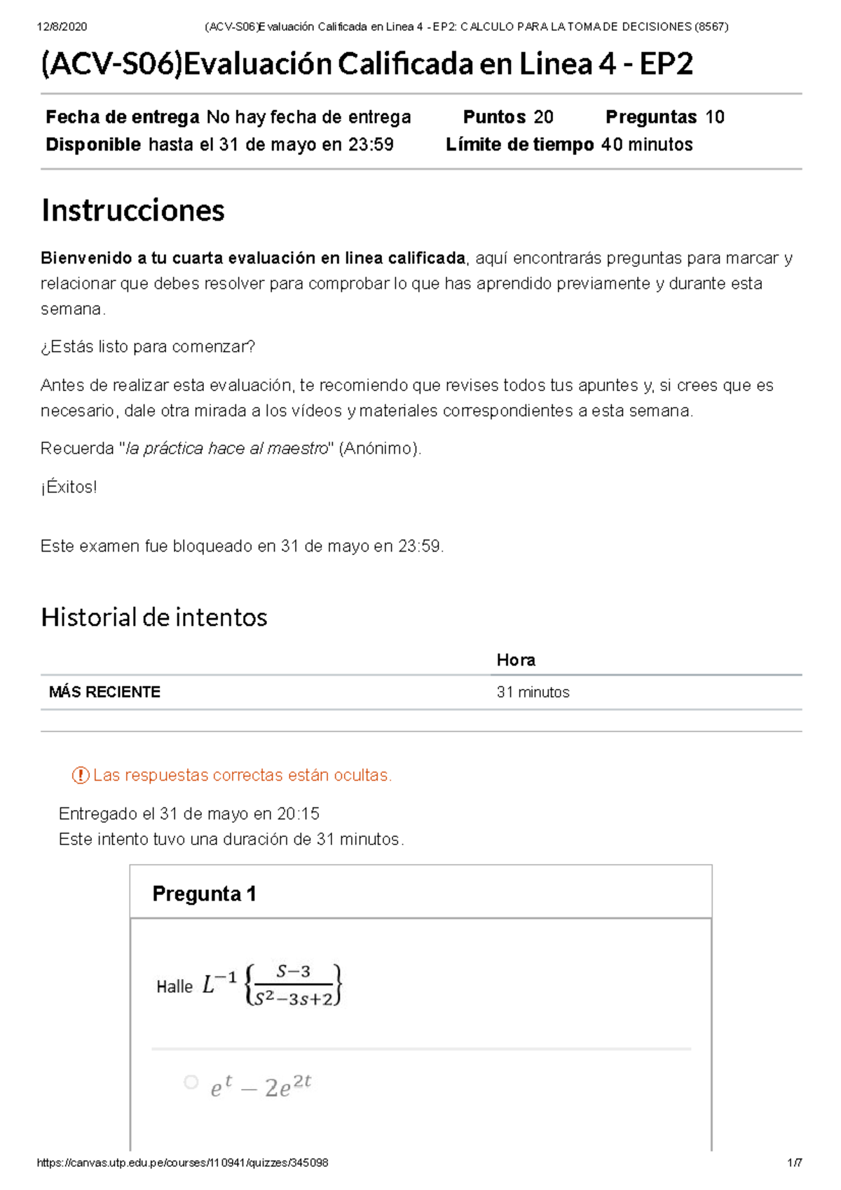 (ACV-S06)Evaluación Calificada en Linea 4 - EP2 Calculo PARA LA TOMA DE Decisiones (8567 ...