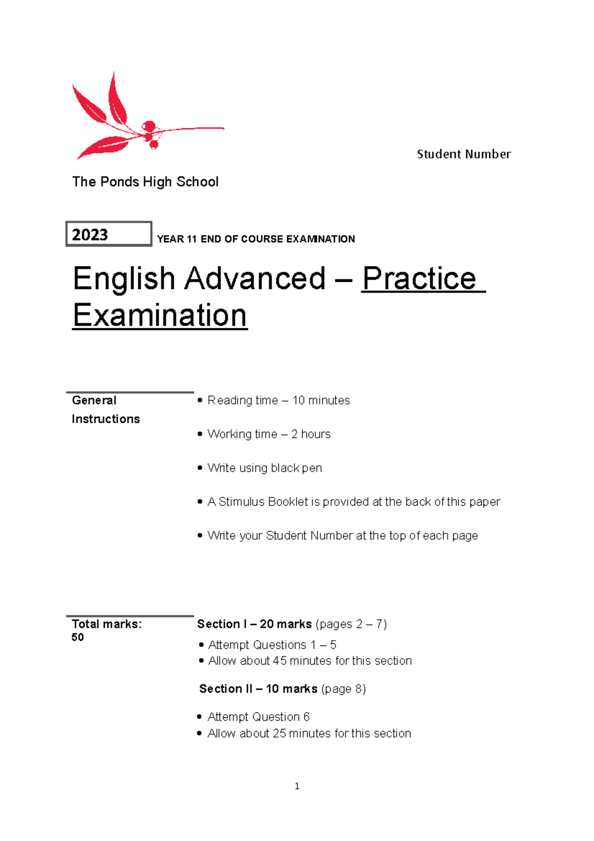 Year 11 EOC Practice Exam Paper-1 - Student Number The Ponds High ...