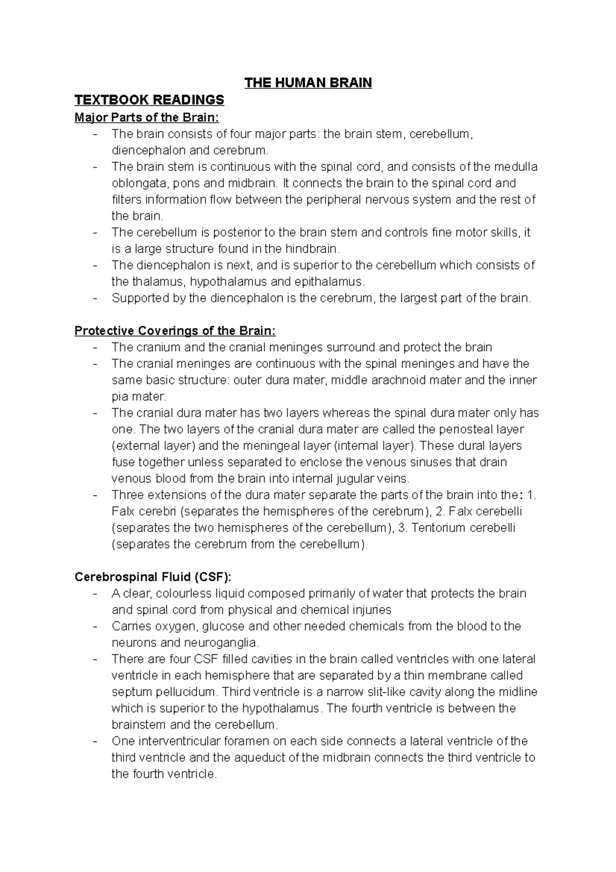 Medsci 142 - Pre-Lab 2 Notes - THE HUMAN BRAIN TEXTBOOK READINGS Major ...