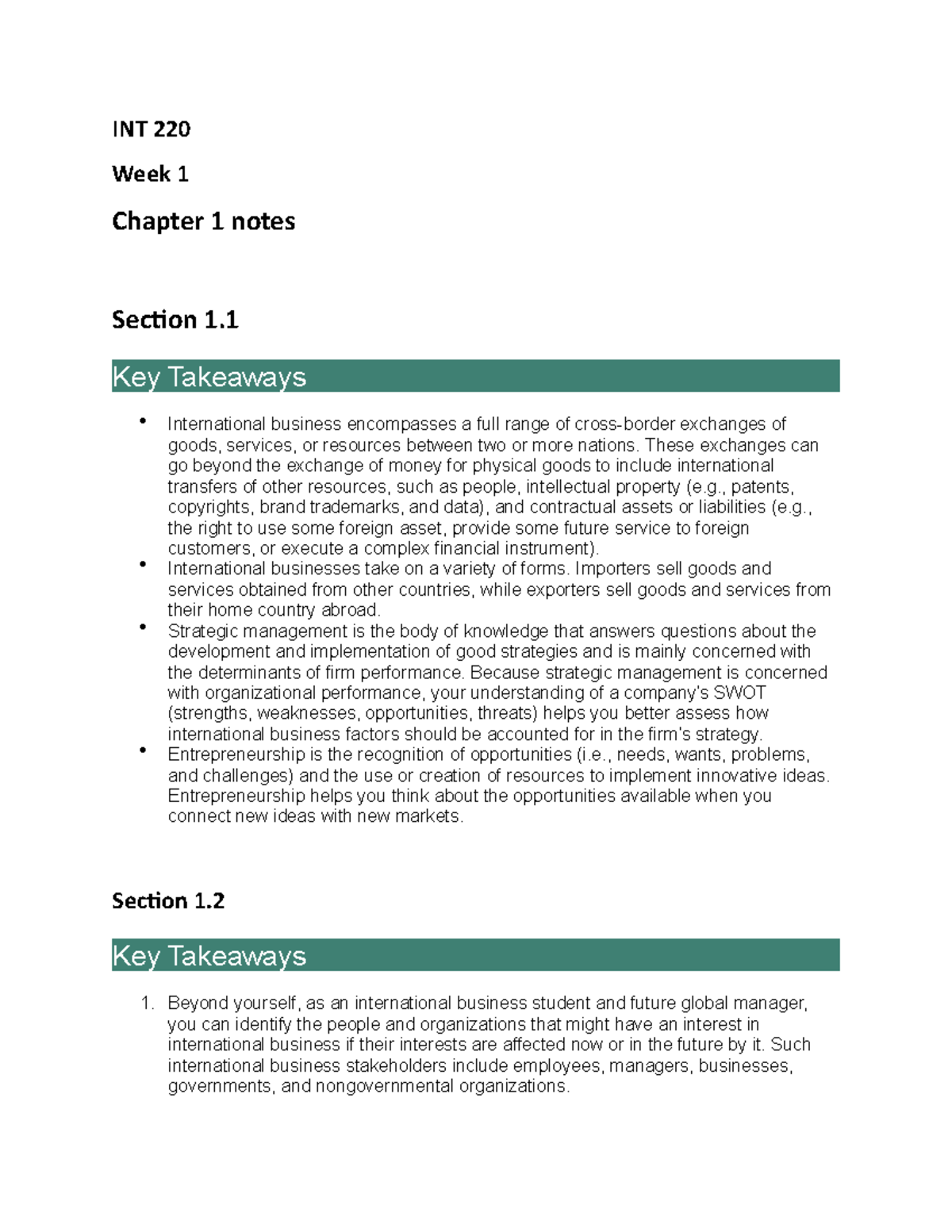 INT 220 Notes - INT 220 Week 1 Chapter 1 notes Section 1. Key Takeaways ...
