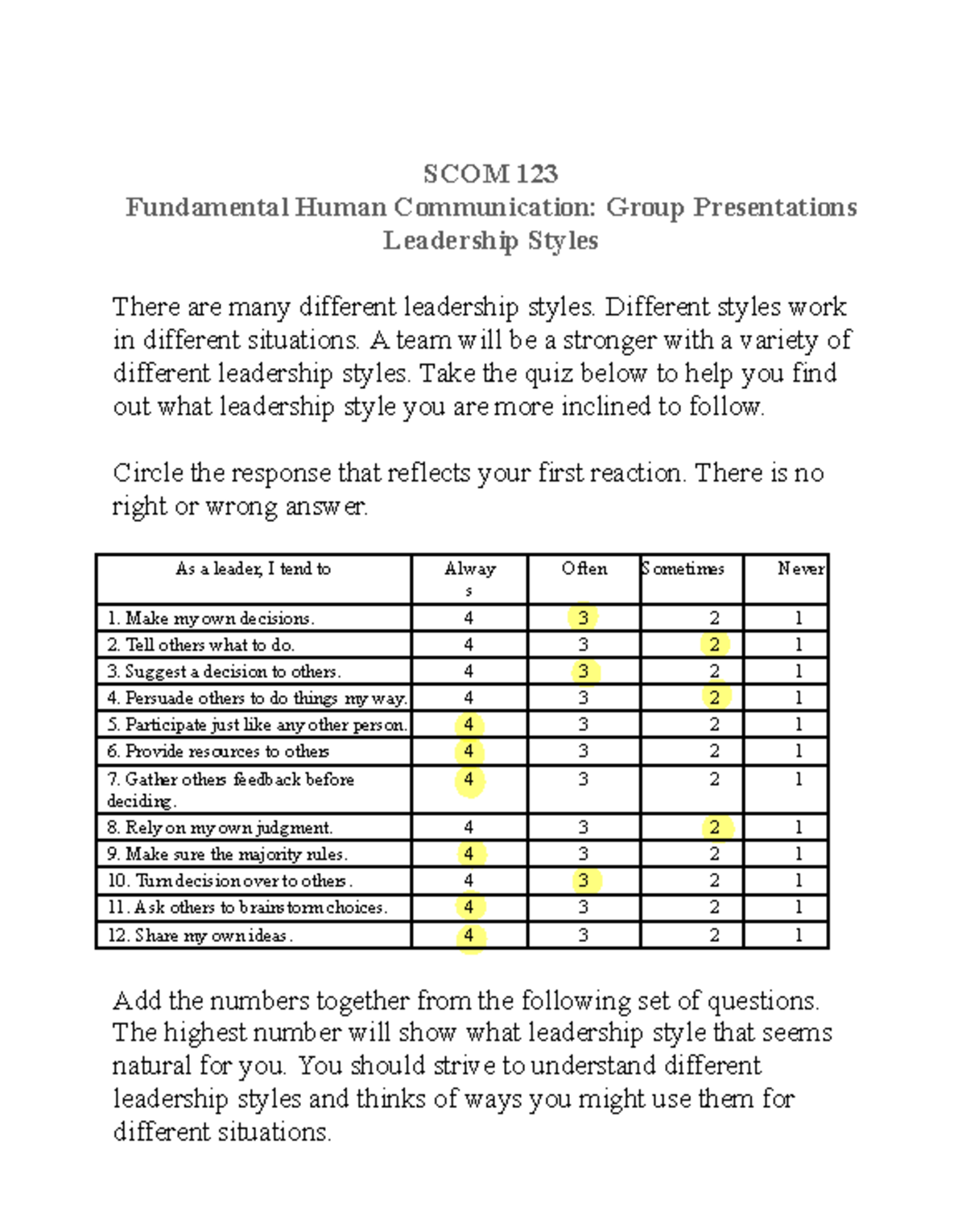 SCOM In-Class Leadership Survey - SCOM 123 Fundamental Human ...