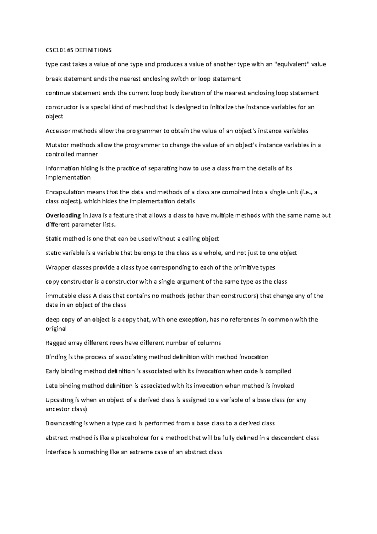 CSC1016S Definitions - JAVA WORK - CSC1016S DEFINITIONS type cast takes a value of one type and ...