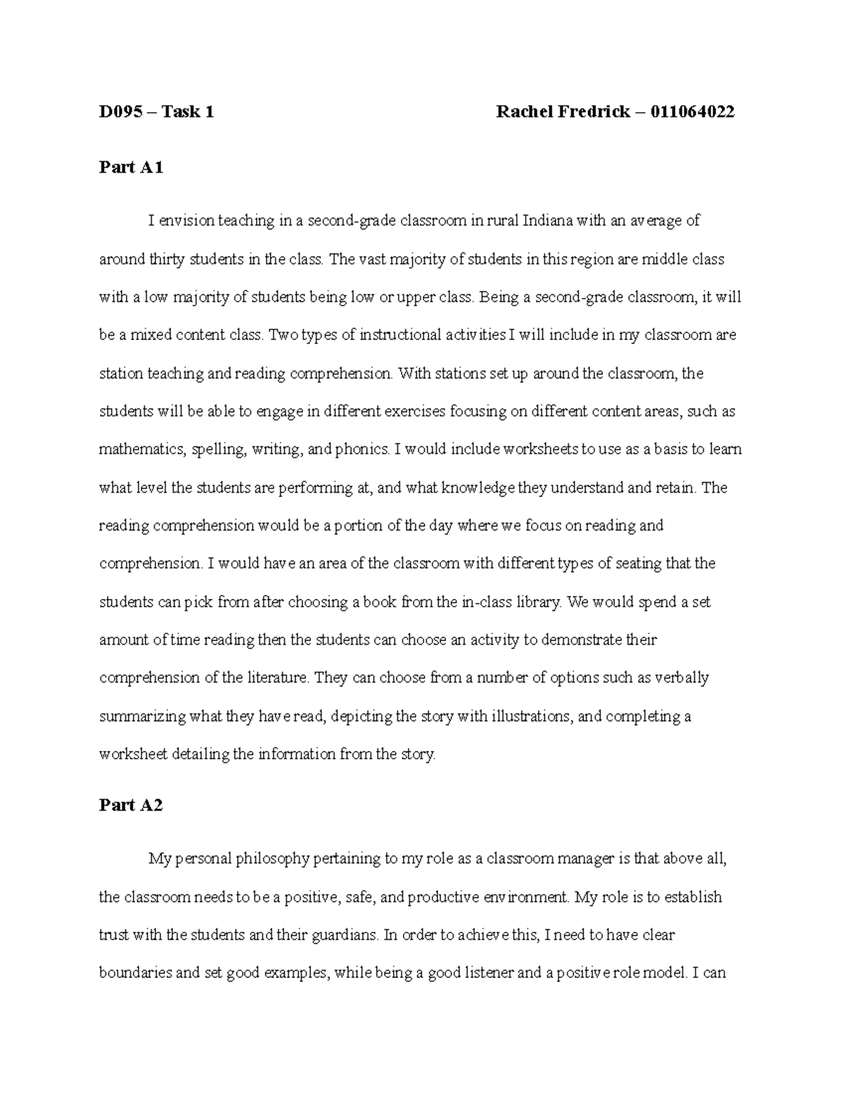 D095 - Task 1 - D095 Managing Engaging Learning Environments Task 1 ...