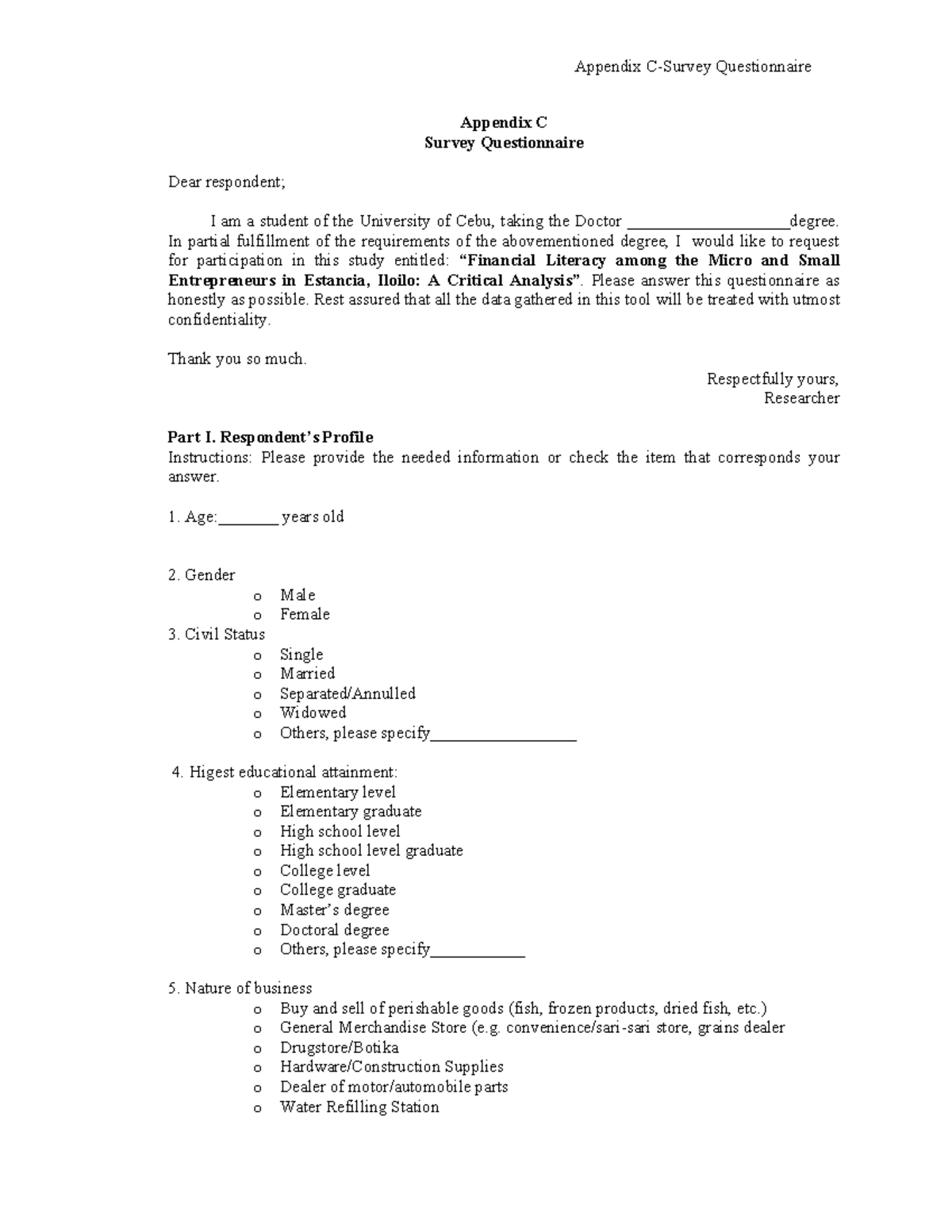 A Appendix C Survey Questionnaire - Appendix C Survey Questionnaire ...