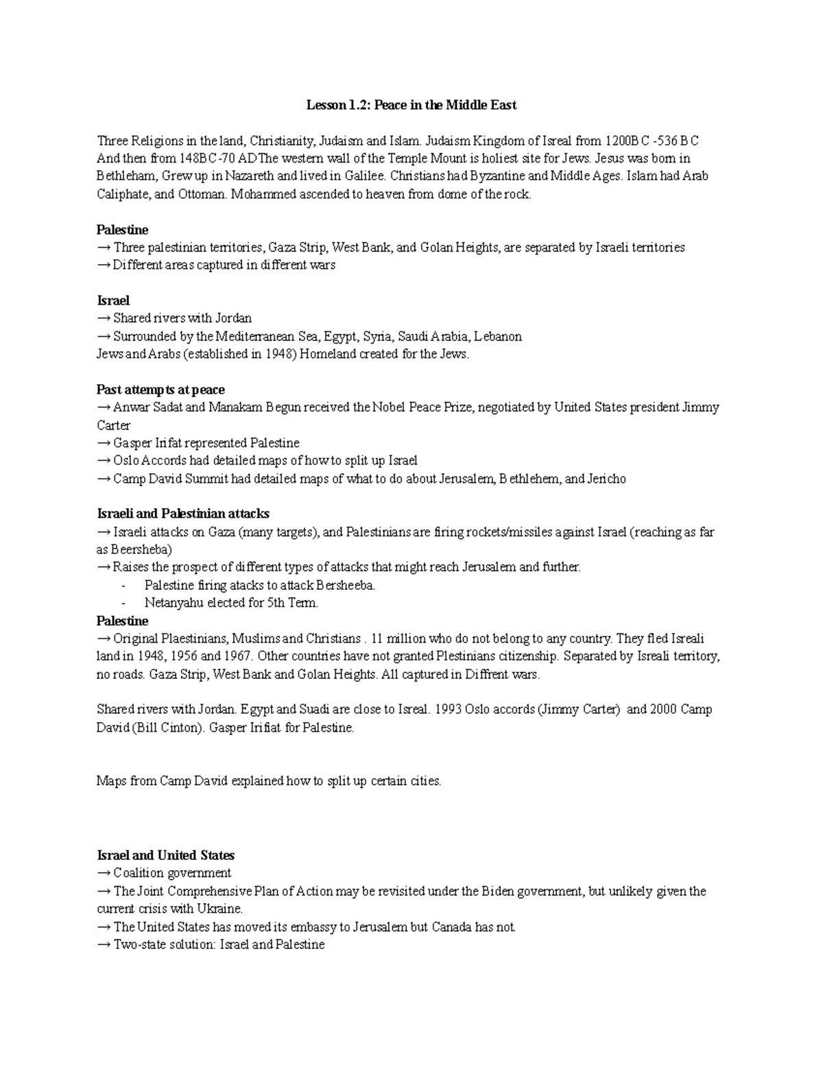1.2 - lecture notes - Lesson 1: Peace in the Middle East Three ...