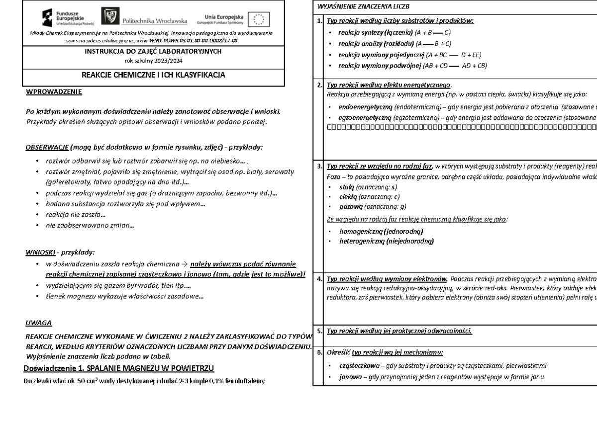 Cw 2 typy reakcji chemicznych 2023-2024 - WPROWADZENIE Po każdym ...