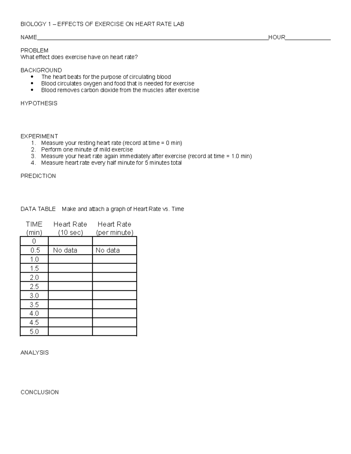 Heart rate lab - BIOLOGY 1 – EFFECTS OF EXERCISE ON HEART RATE LAB NAME ...