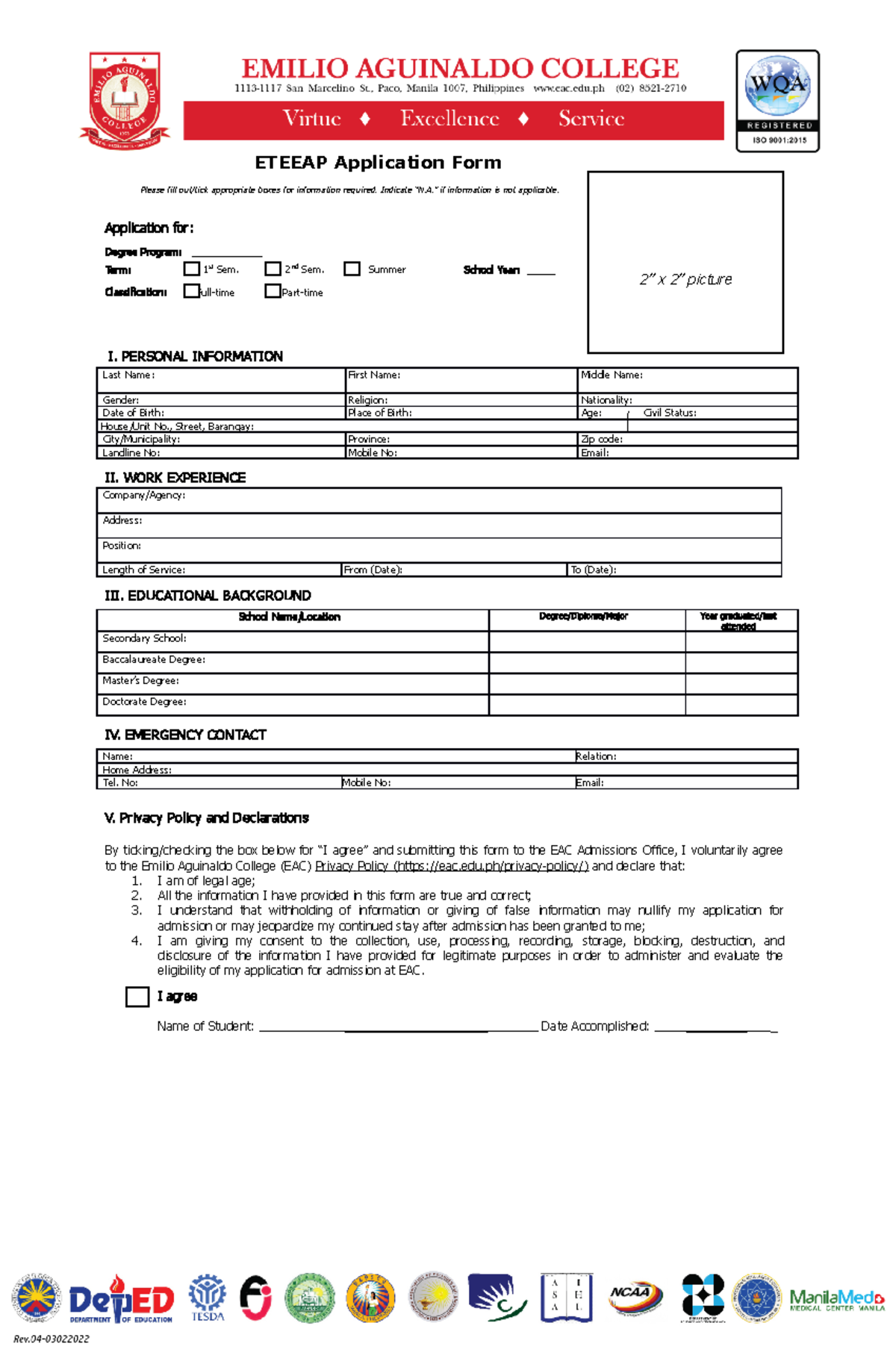 Eteeap Application Form for Student - Application for: Degree Program ...