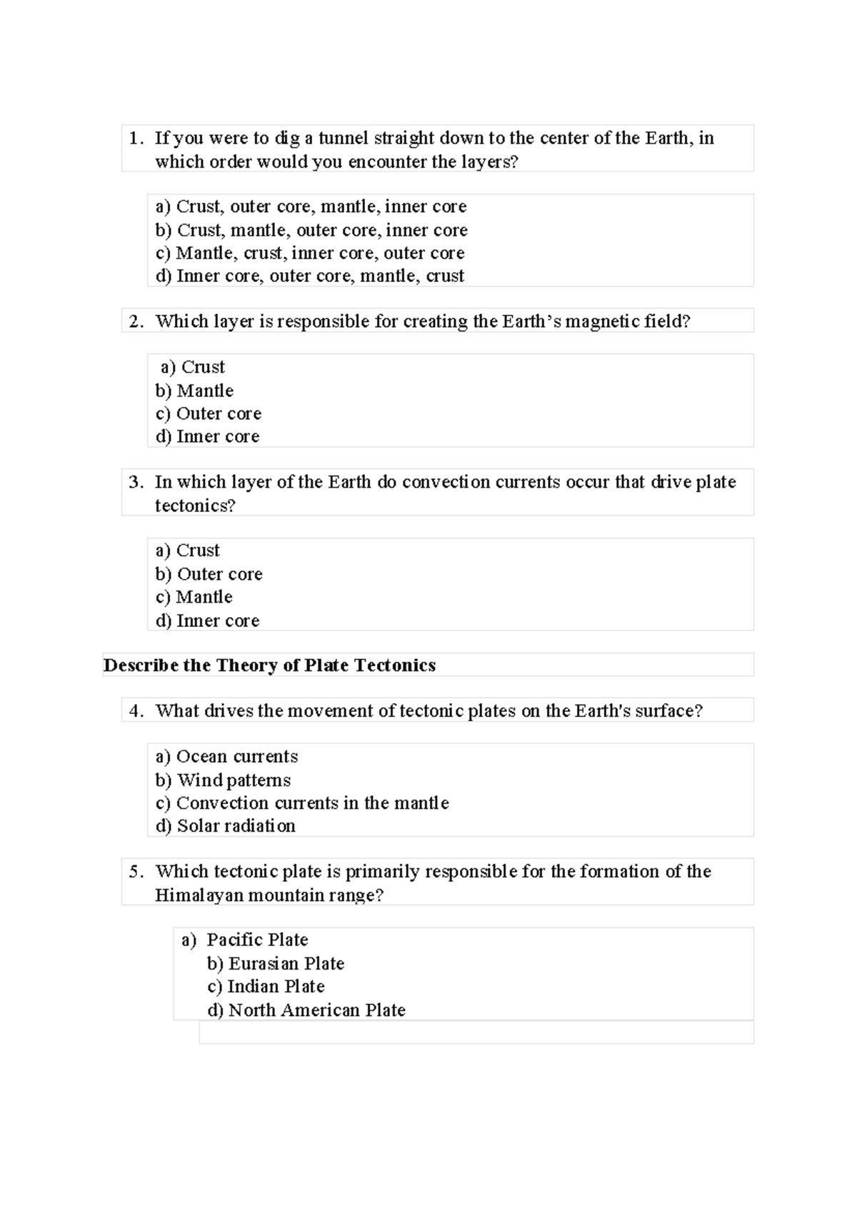 Science Test1: Earth Layers & Plate Tectonics Worksheet - If you were ...