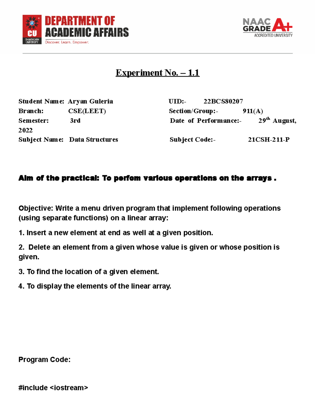 EXP - 1 - data strt - Experiment No. – 1. Student Name: Aryan Guleria ...