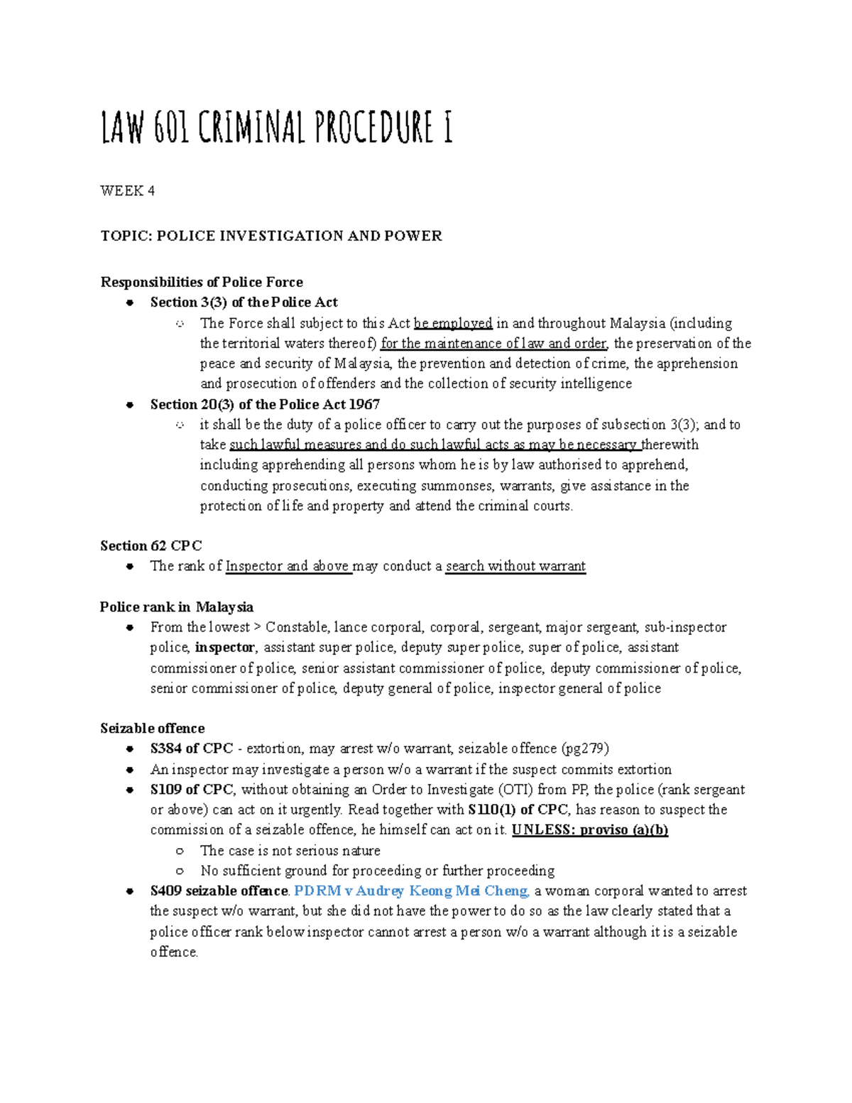 LAW 601 Criminal Procedure I Police Investigation And Power - LAW 601 ...