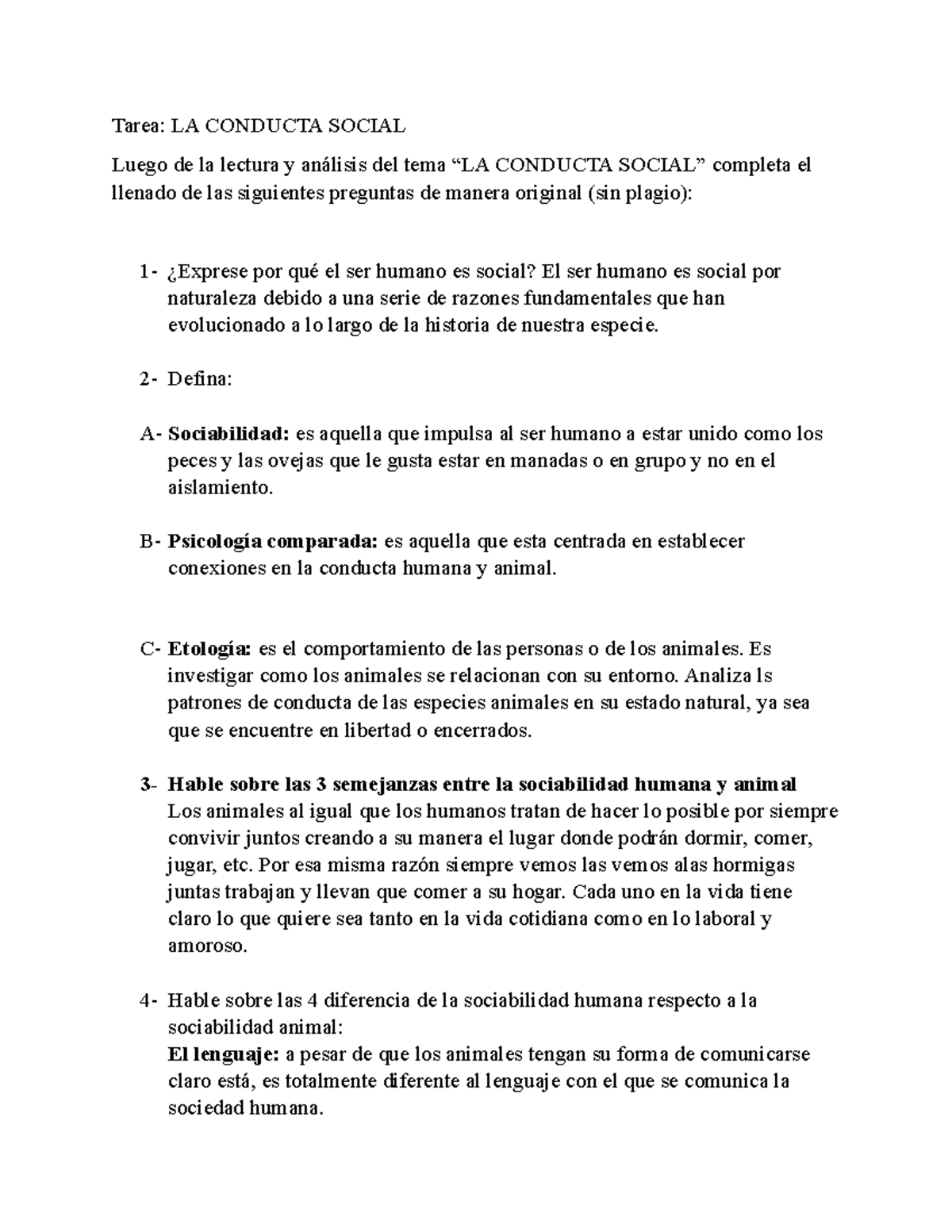 Tarea la conducta social 1 - Tarea: LA CONDUCTA SOCIAL Luego de la ...