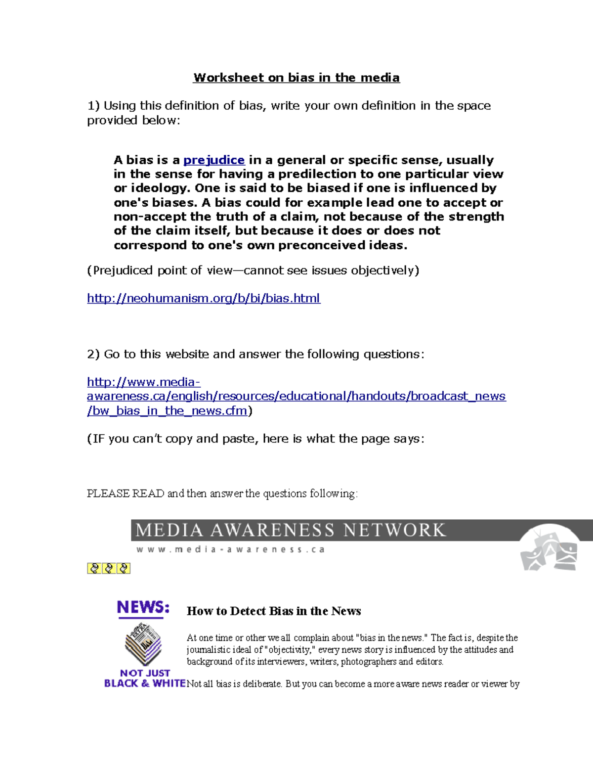 Worksheet 1bias - Lecture notes 1 - Worksheet on bias in the media 1 ...