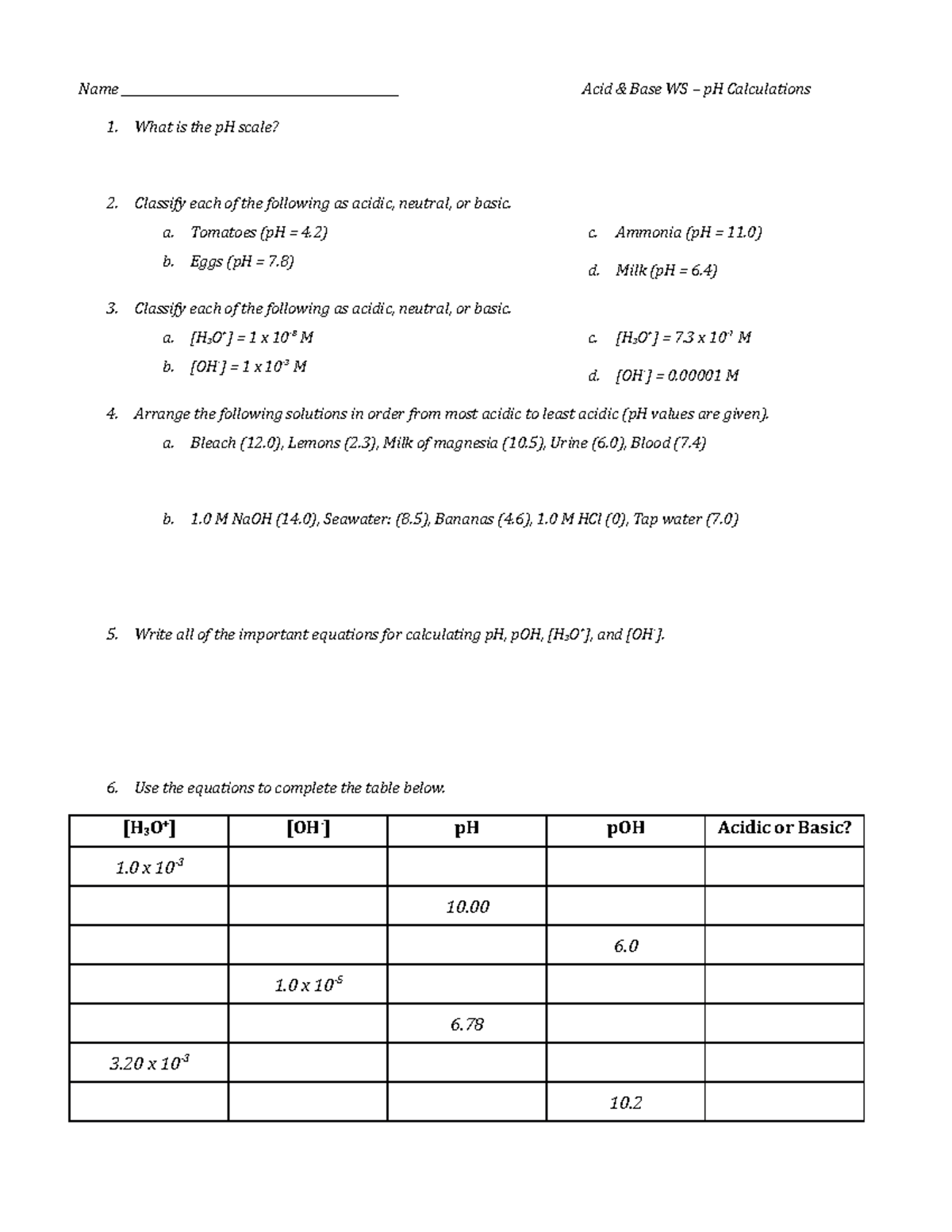 Acid Base WS - This is the worksheet on acid base - Name - Studocu