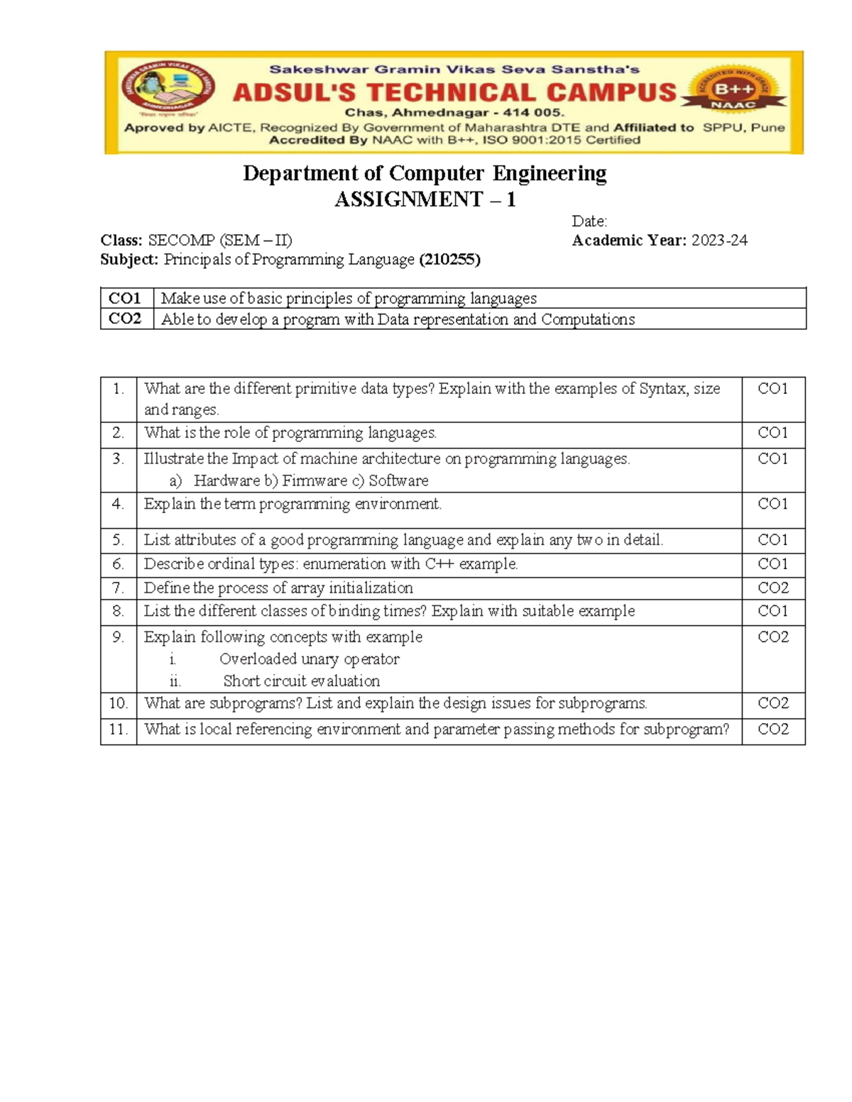 PPL Assignment UNIT - I by JRM - Department of Computer Engineering ASSIGNMENT – 1 Date: Class ...