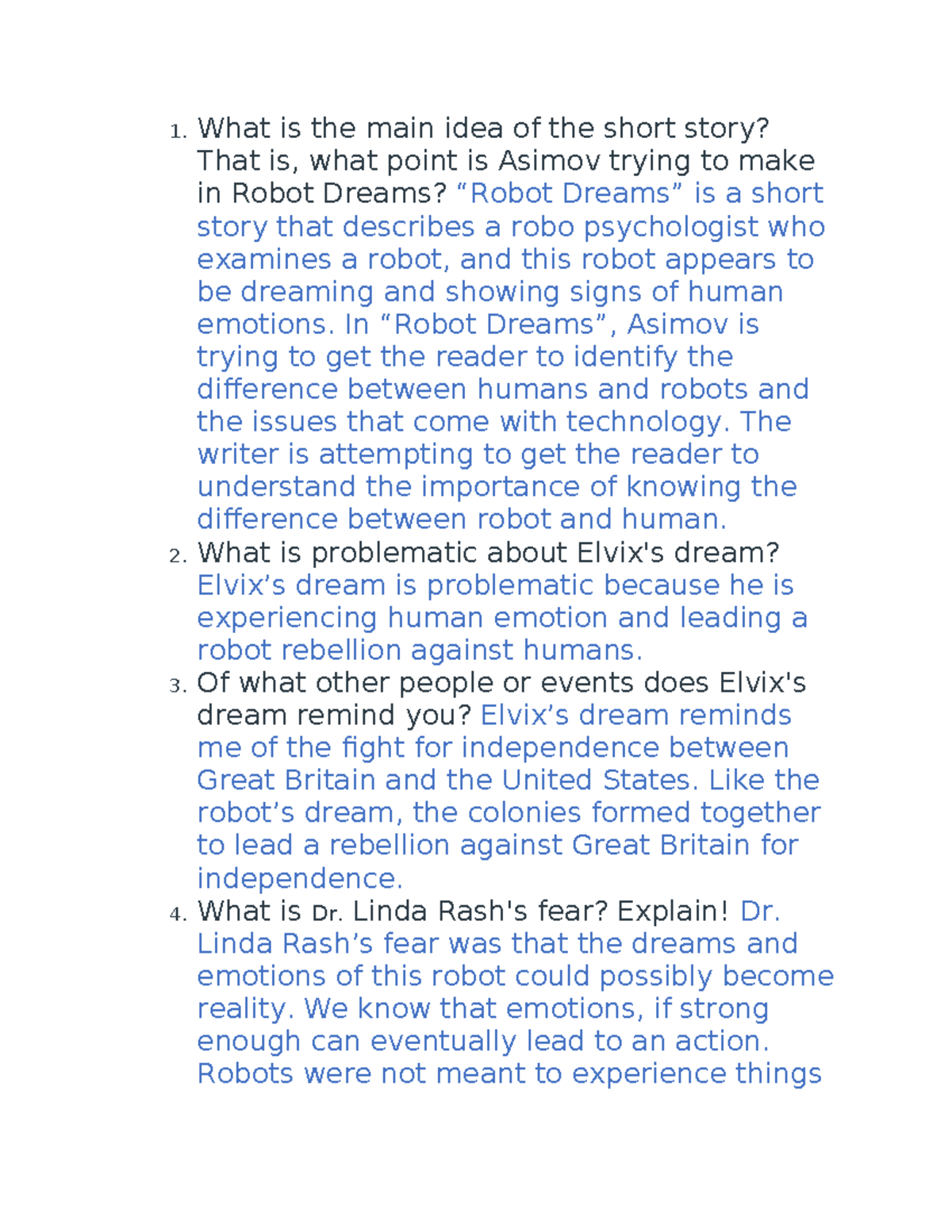 Robot Dreams Questions - 1. What is the main idea of the short story ...