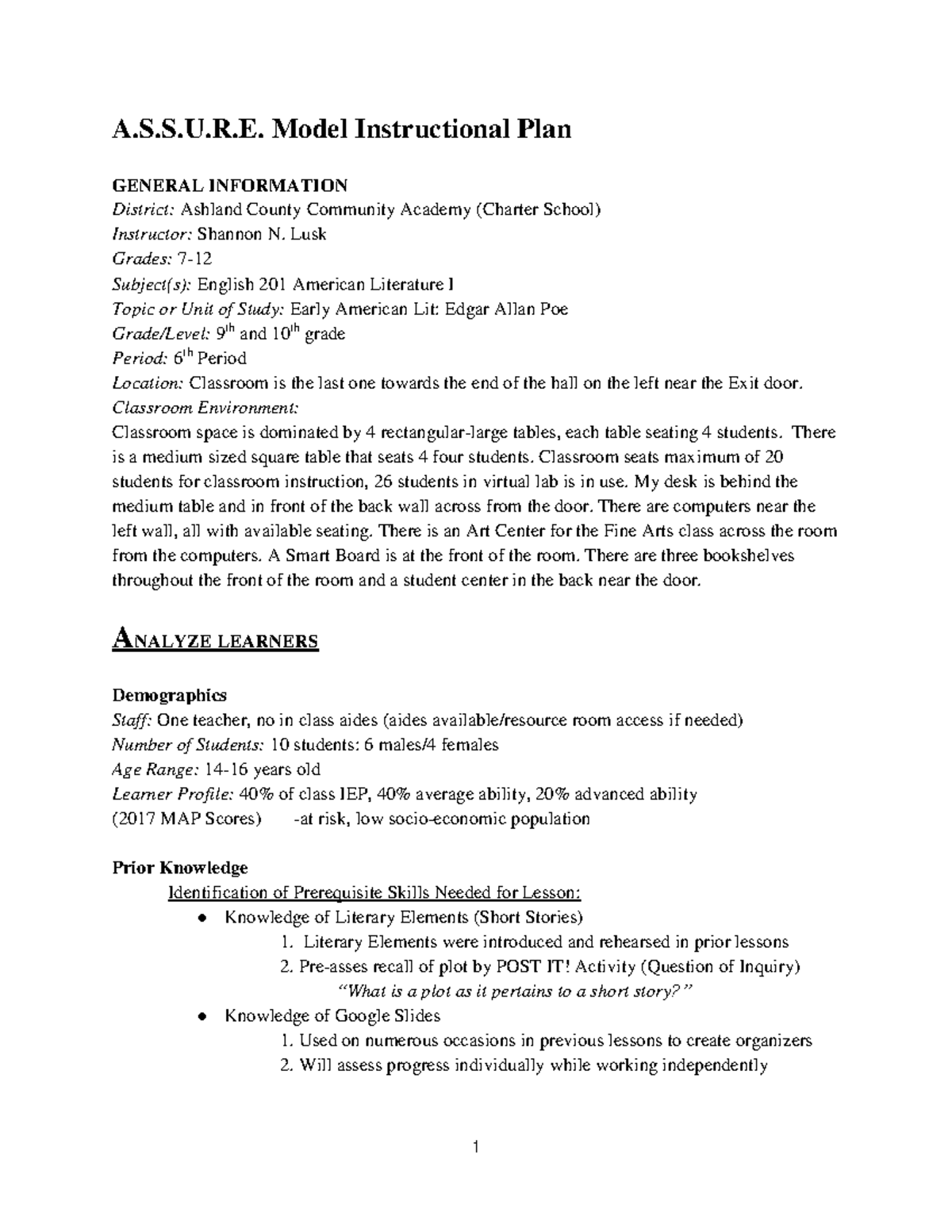 (3H)Sample Lesson Plan - A.S.S.U.R. Model Instructional Plan GENERAL INFORMATION District ...