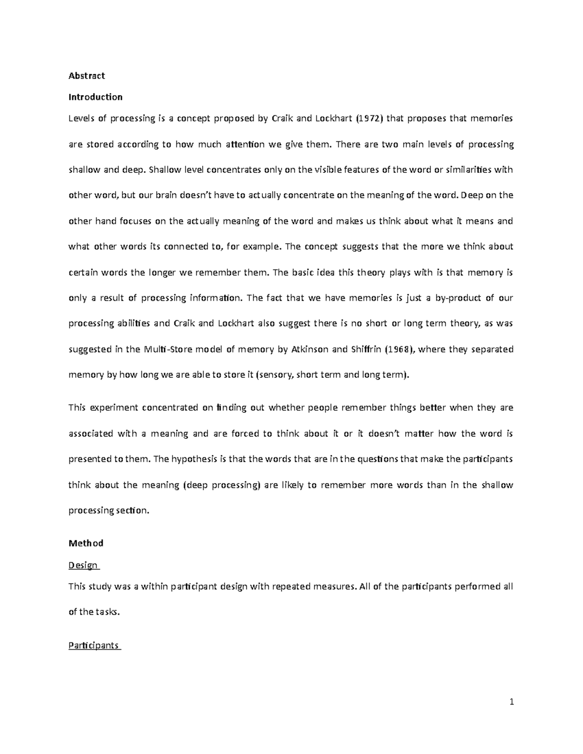 Lab report deep and shallow processing - Abstract Introduction Levels ...