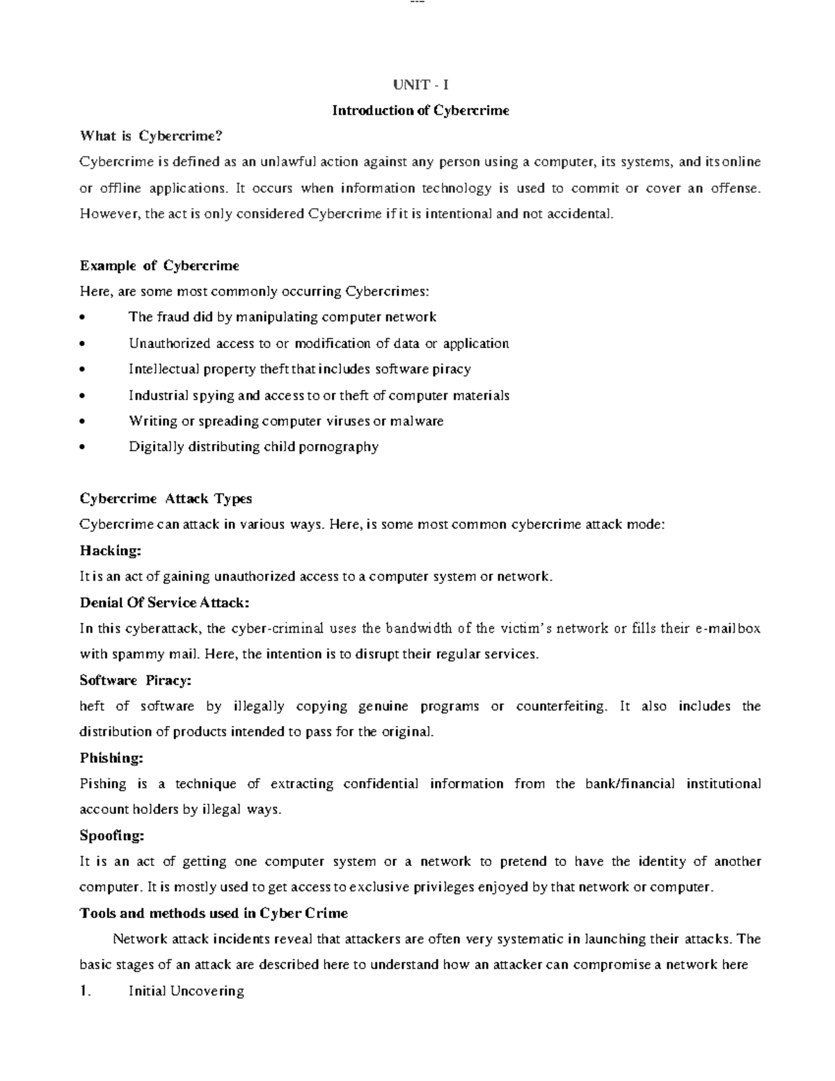 UNIT - I - cf unit 1 - UNIT - I Introduction of Cybercrime What is Cybercrime? Cybercrime is ...