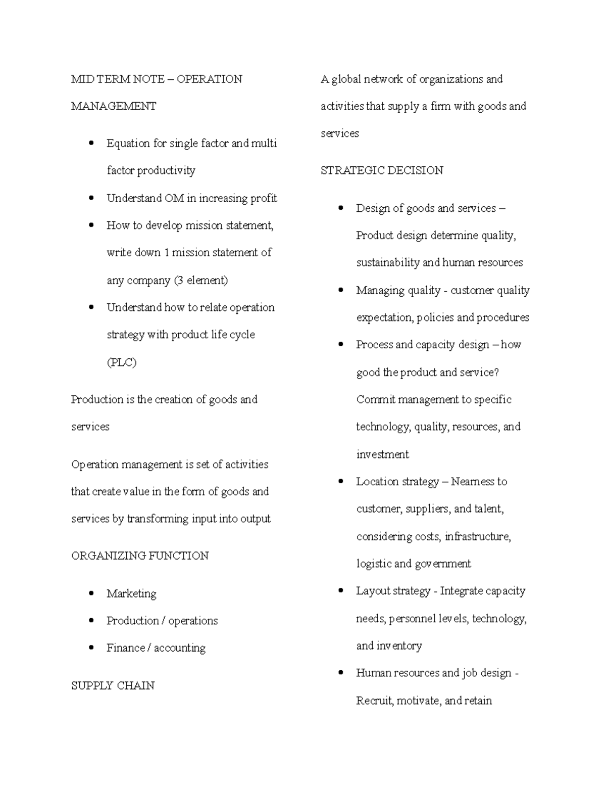 MID TERM NOTE - Lecture notes 6-7 - MID TERM NOTE OPERATION MANAGEMENT ...