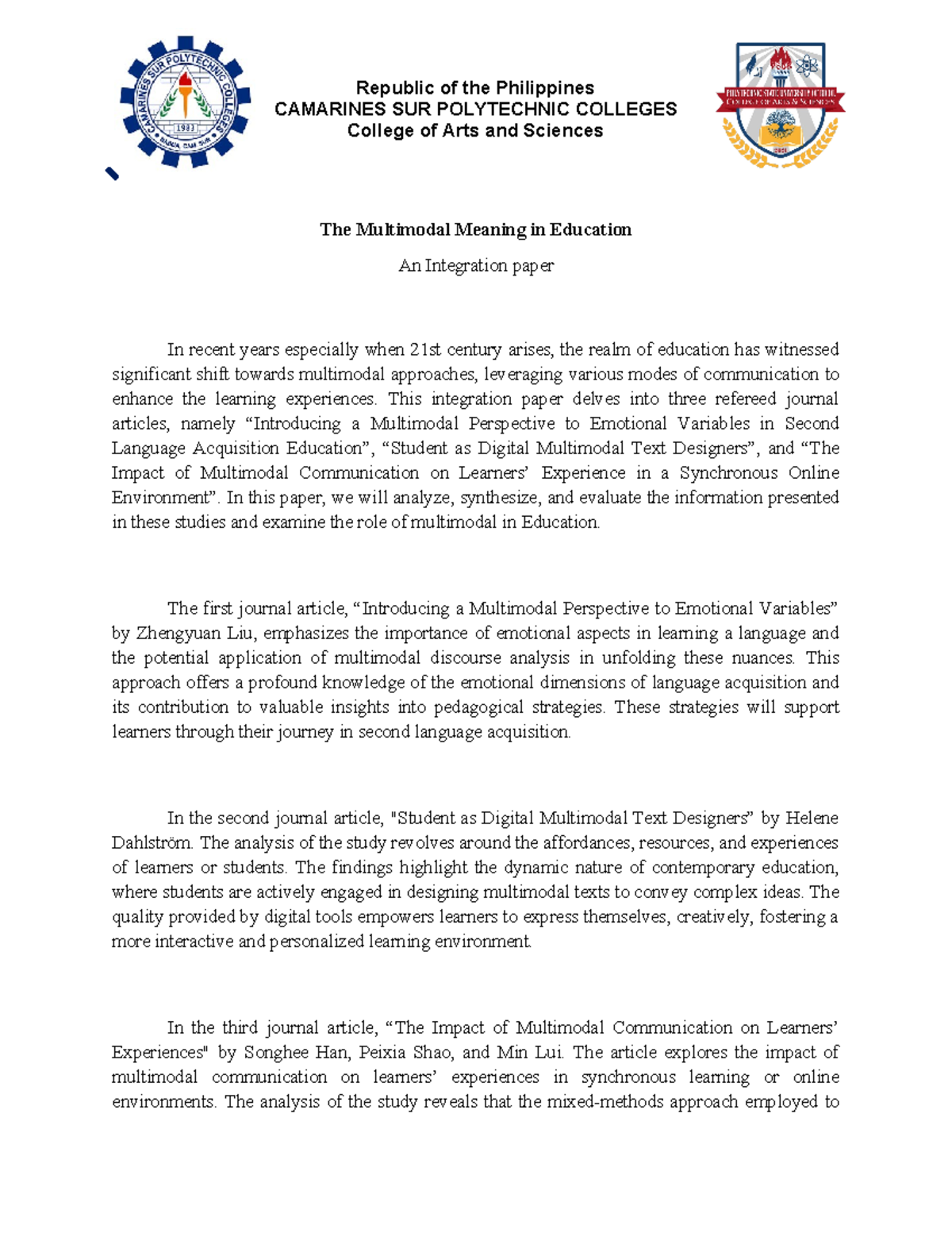 Paper 2 Integration Paper - CAMARINES SUR POLYTECHNIC COLLEGES College ...