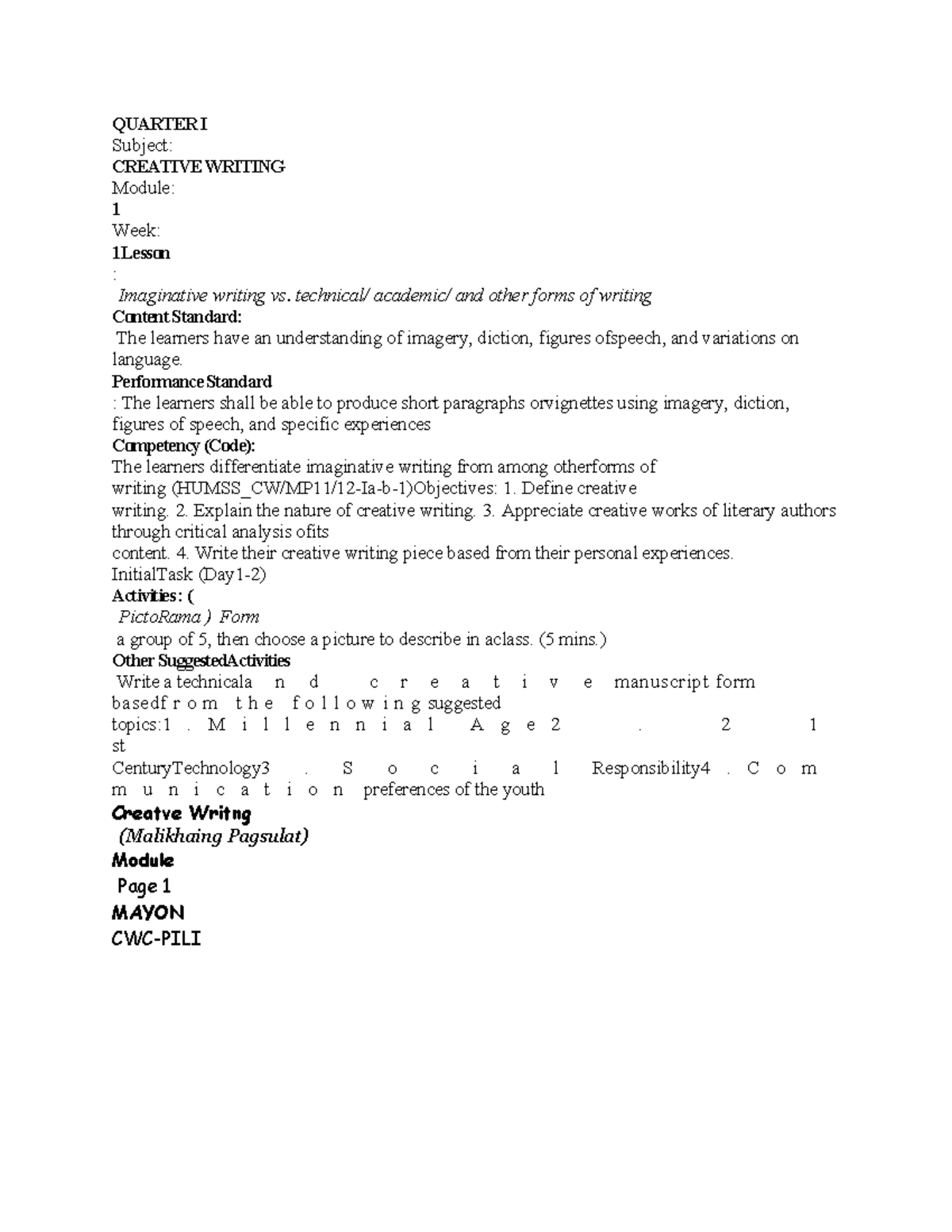 Quarter I creative writing - QUARTER I Subject: CREATIVE WRITING Module ...