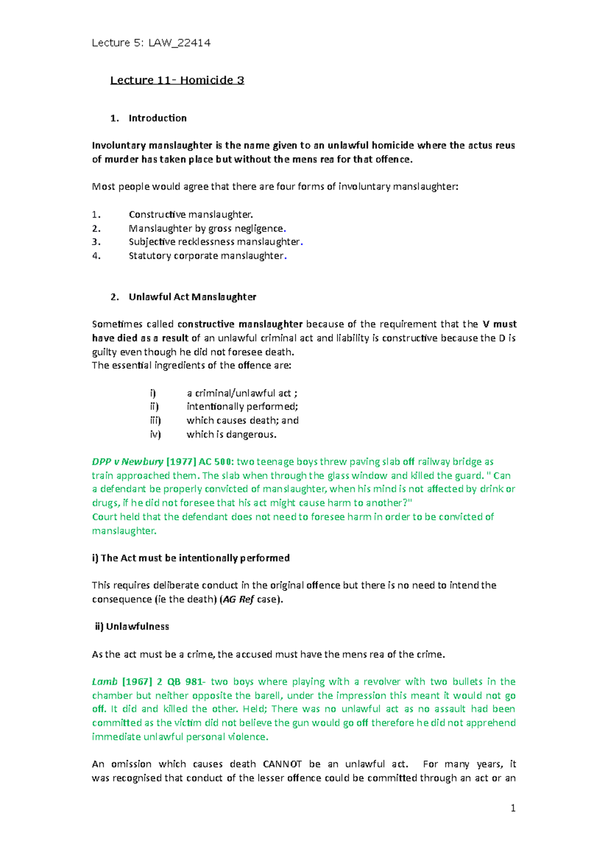 Lecture 11- Homicide 3 - Lecture 5: LAW_ Lecture 11- Homicide 3 Introduction Involuntary - Studocu