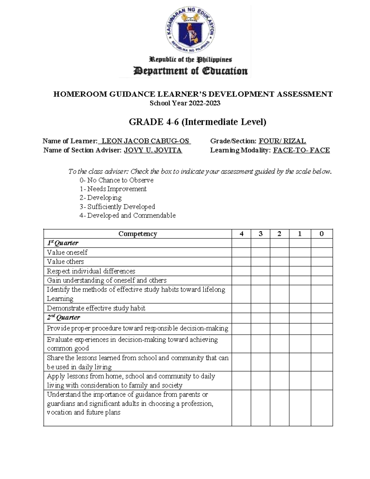 4-6 HGP Assessment Checklist - HOMEROOM GUIDANCE LEARNER’S DEVELOPMENT ...