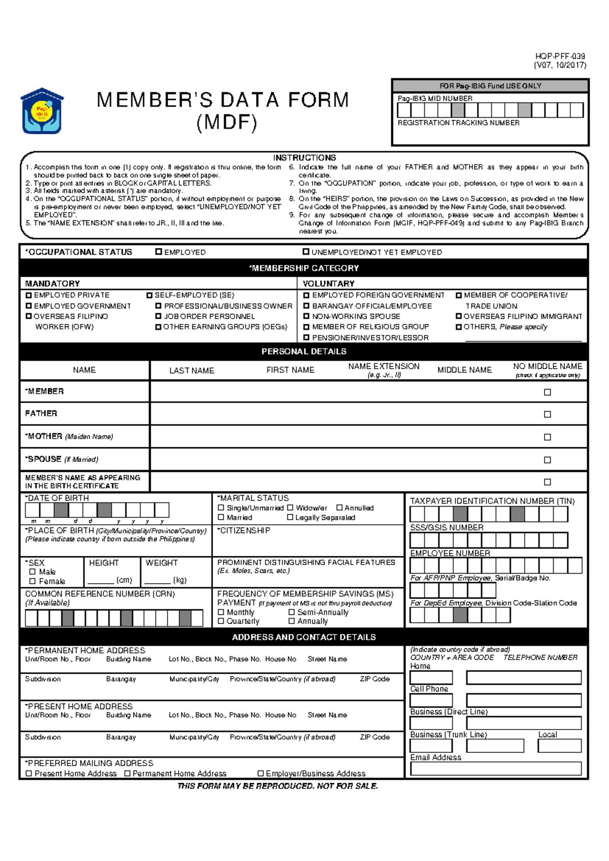 Pagibig - Educ - MEMBER’S DATA FORM (MDF) FOR Pag-IBIG Fund USE ONLY ...