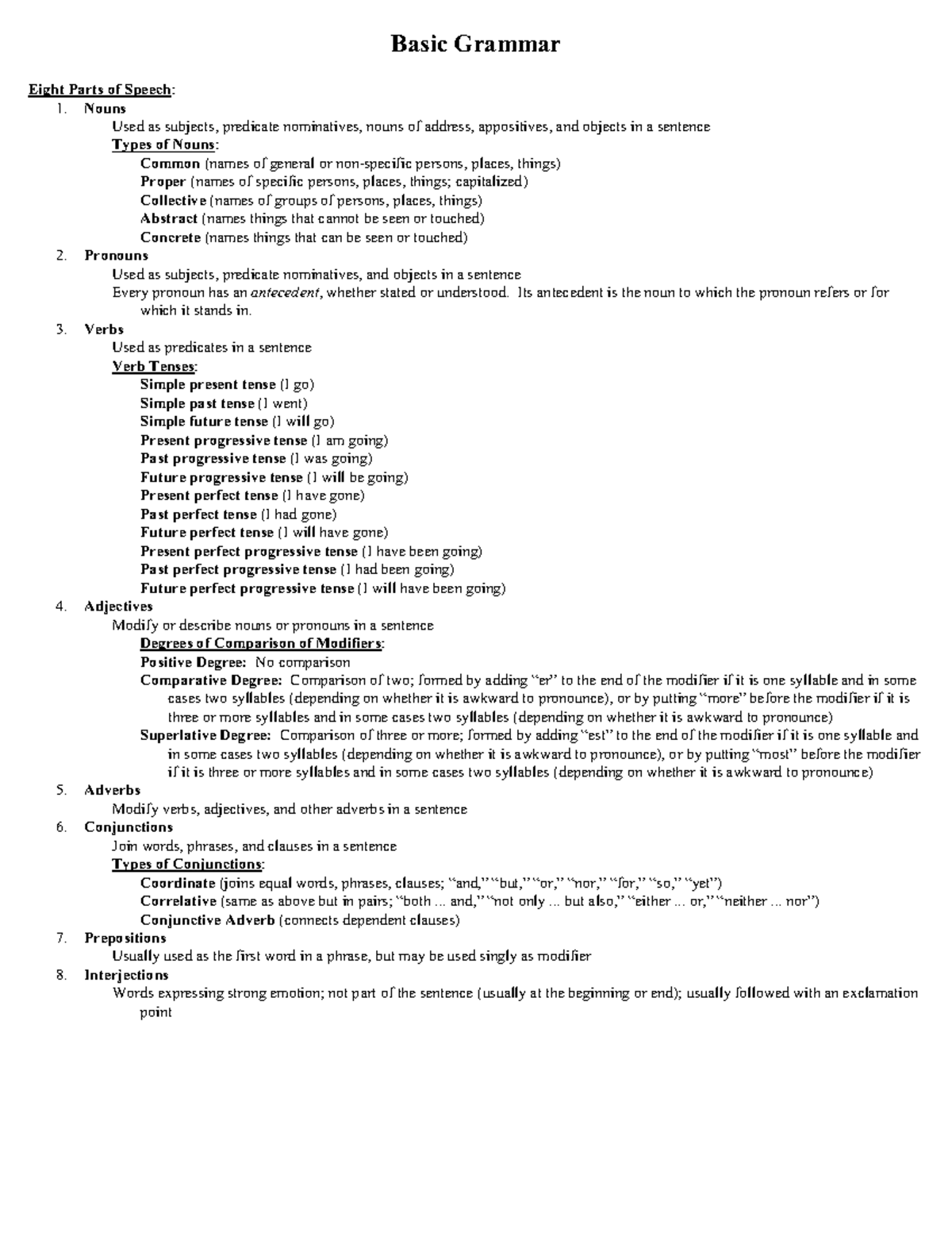 Grammar - Basic Grammar Eight Parts of Speech: 1. Nouns Used as ...