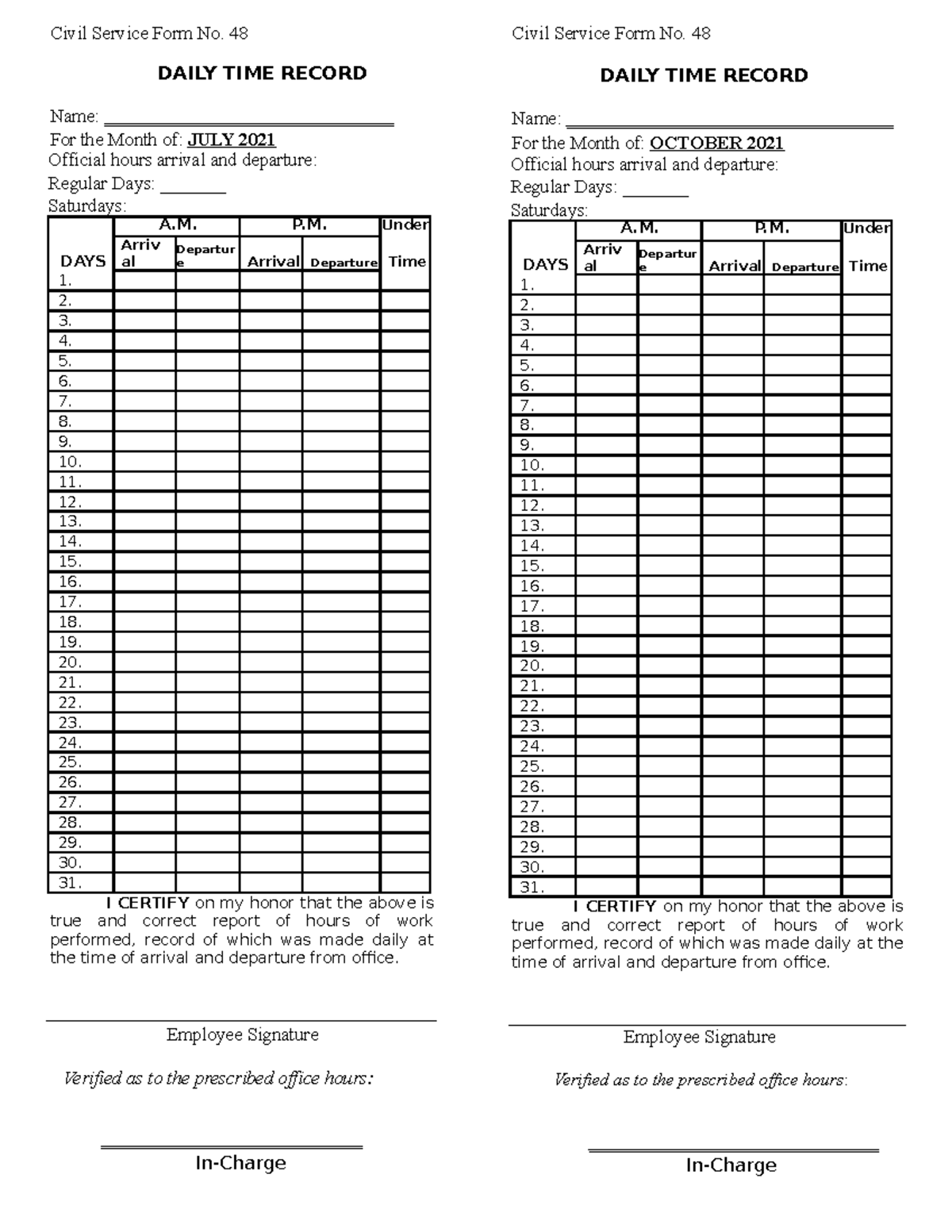 DTR-2 - N/A - Civil Service Form No. 48 DAILY TIME RECORD Name