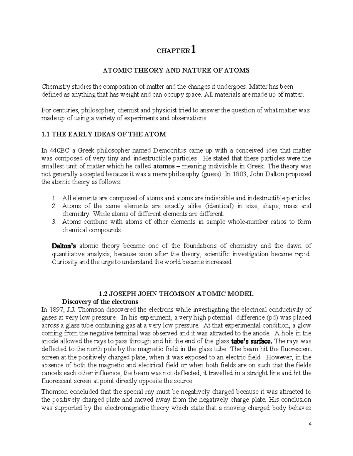 Chapter 1 - ATOMIC THEORY AND NATURE OF ATOMS - CHAPTER 1 ATOMIC THEORY ...
