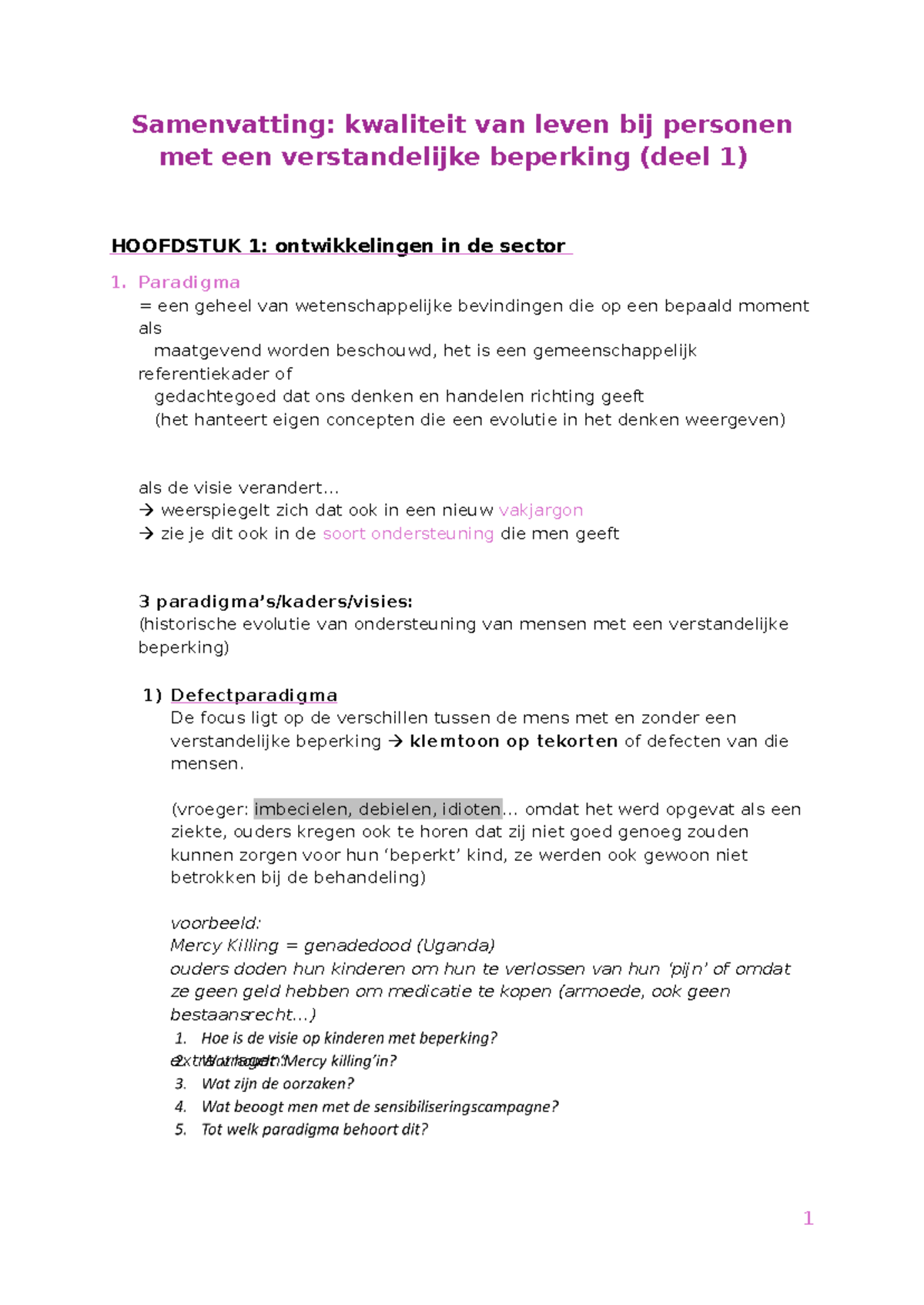 Samenvatting - sv K - verstandelijke beperking - Samenvatting: kwaliteit van leven bij personen ...