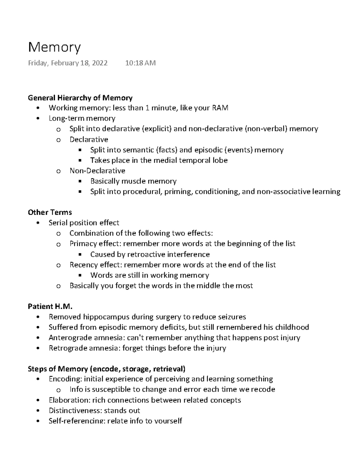 Memory - This is for Jared's psych class. - General Hierarchy of Memory ...