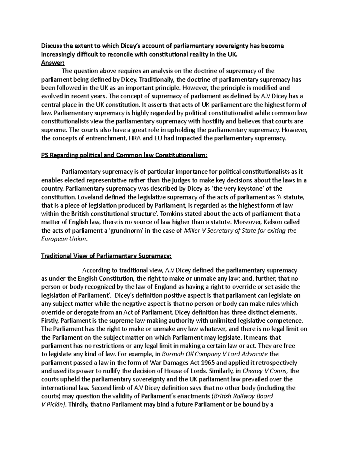 Parliamentary Supremacy first class answer - Discuss the extent to ...