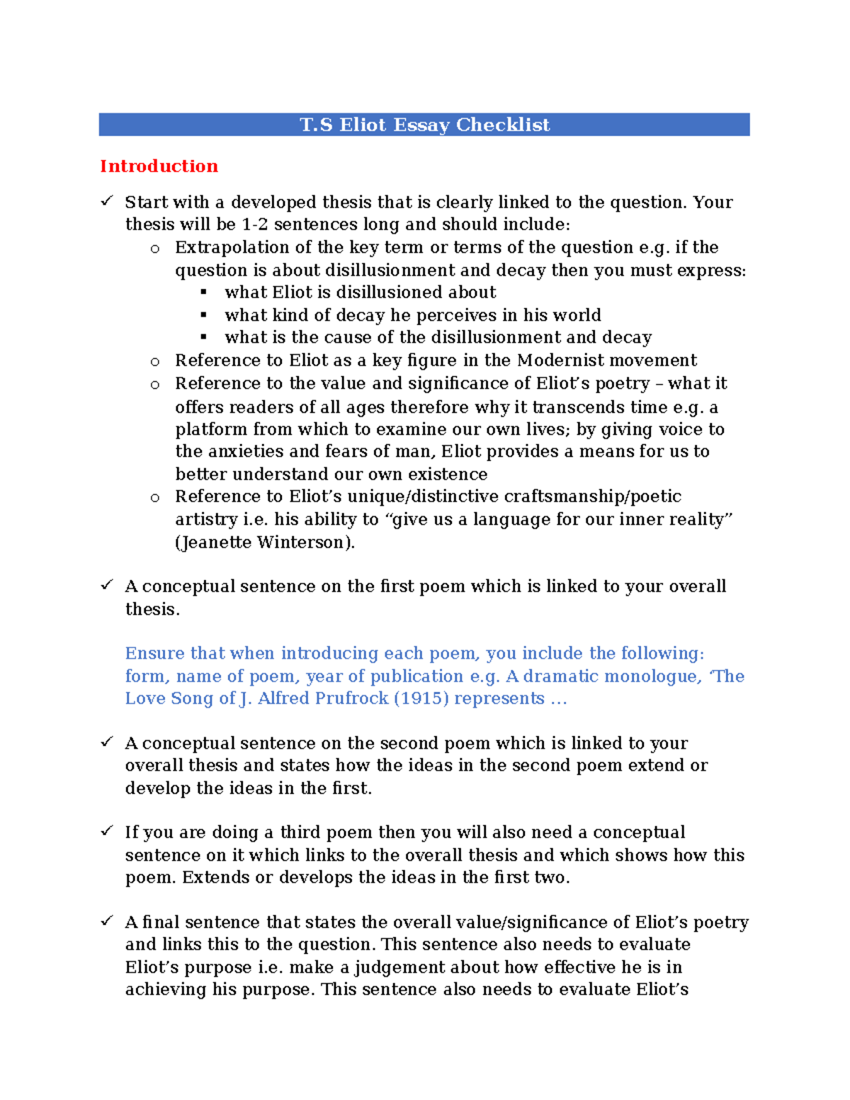 8 Eliot Essay Checklist - T Eliot Essay Checklist Introduction Start ...