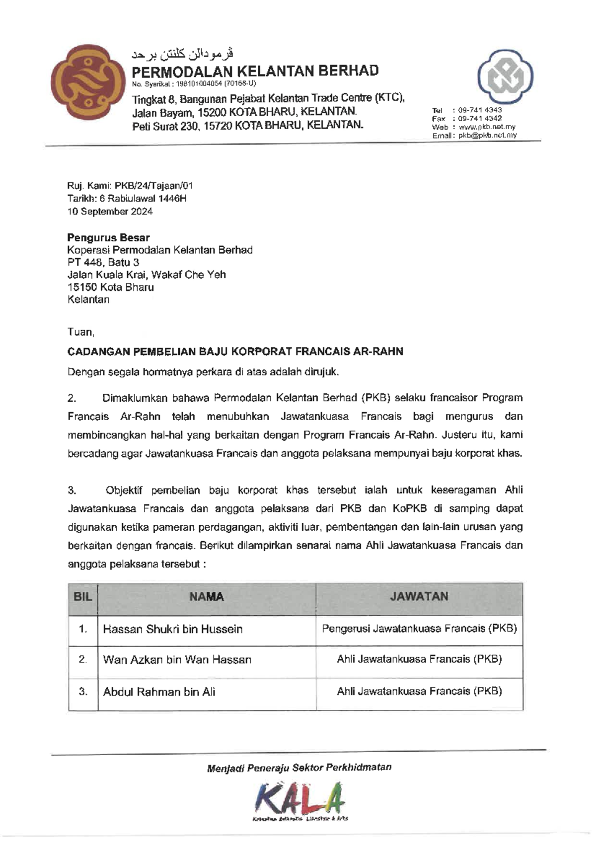 Pembelian Baju Korporat Francais - juik illegis PERMODALAN KELANTAN ...