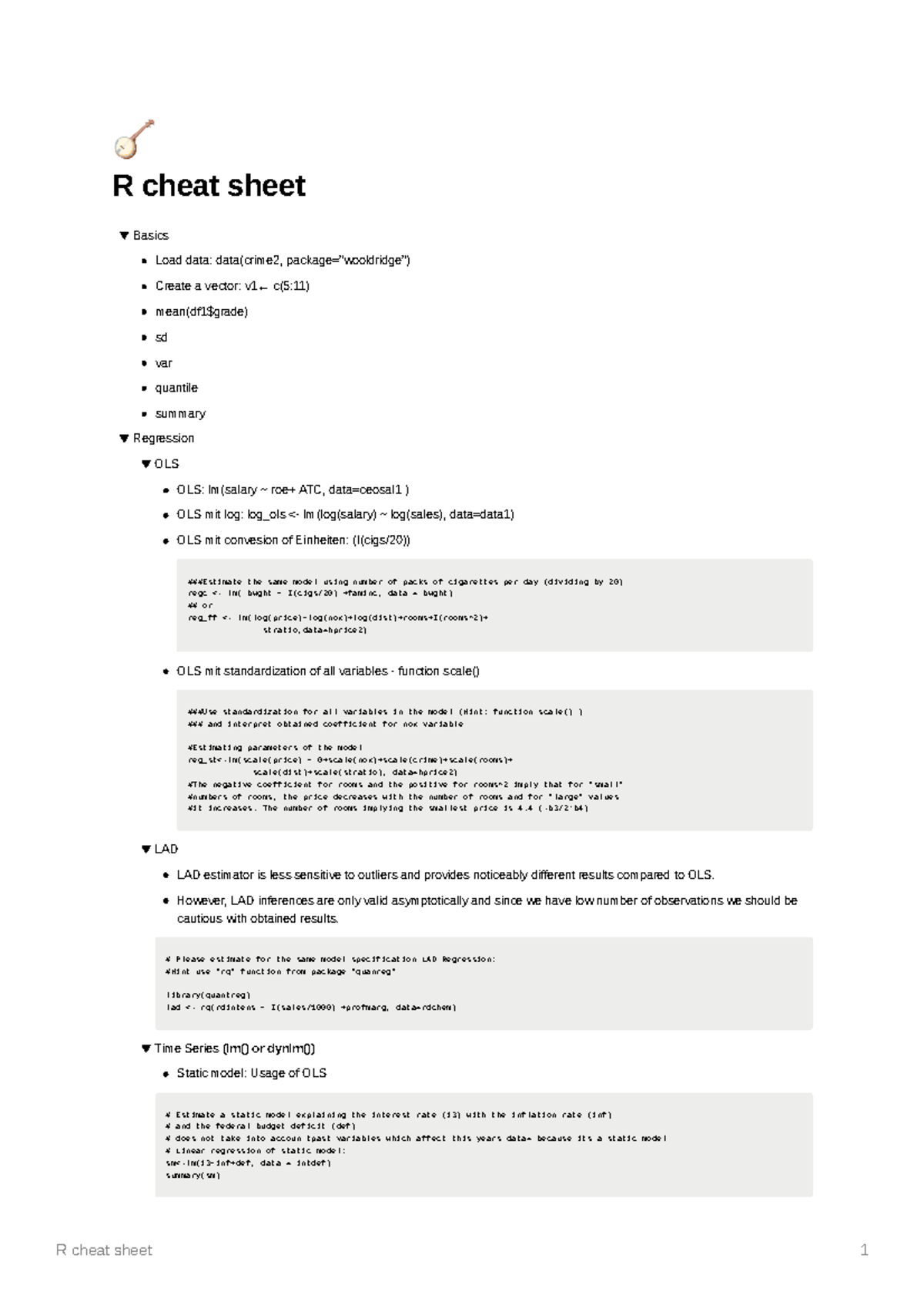 R cheat sheet - Übersicht R code - E R cheat sheet Basics Load data ...