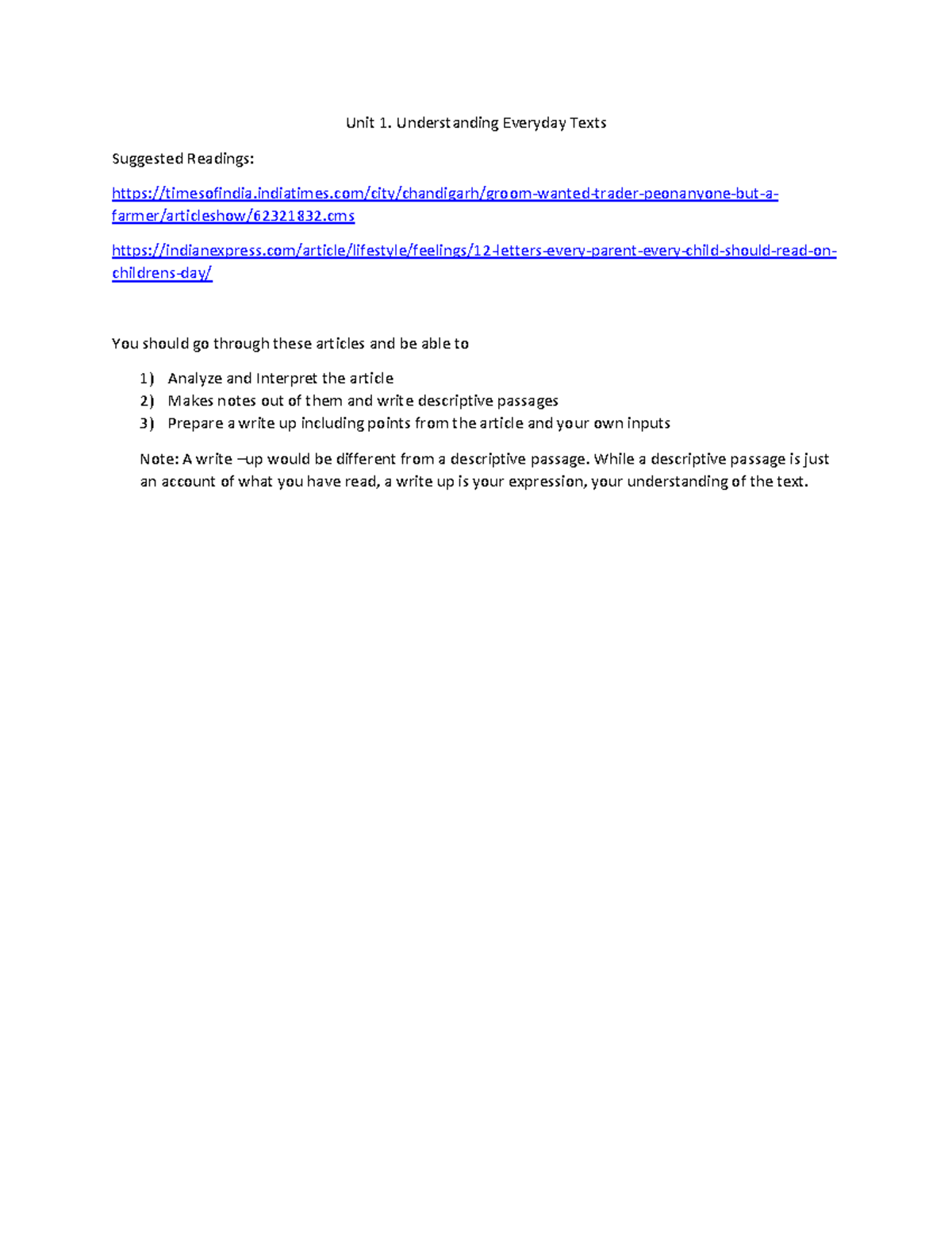 Unit 1 - Unit 1. Understanding Everyday Texts Suggested Readings: - Studocu