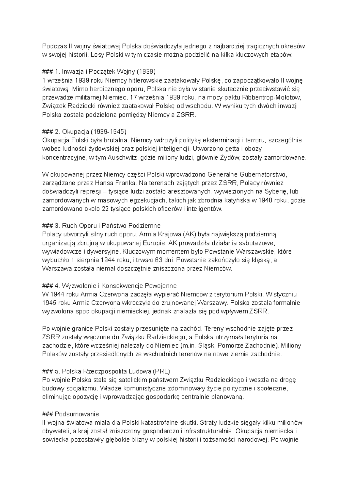 Dokument bez tytułu - historia polski podczas 2 wojny - Podczas II wojny światowej Polska - Studocu