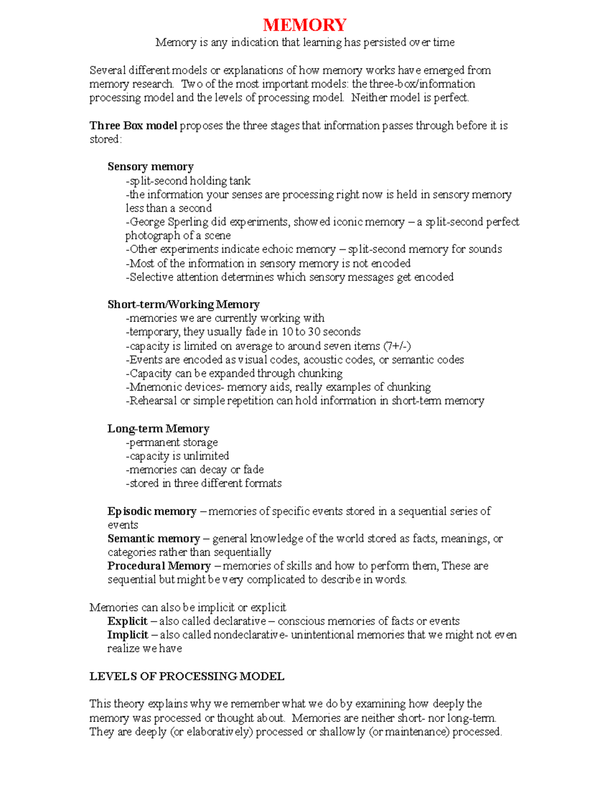 Memory - Psychology-Notes - MEMORY Memory is any indication that ...