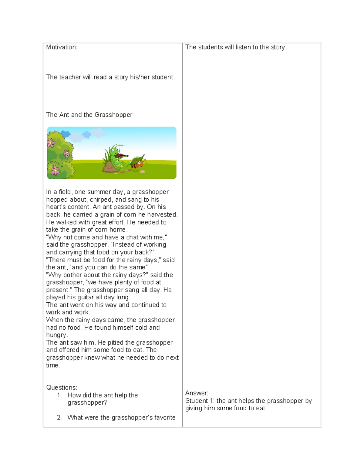 Edeng 1 - lesson plan - Motivation: The teacher will read a story his ...