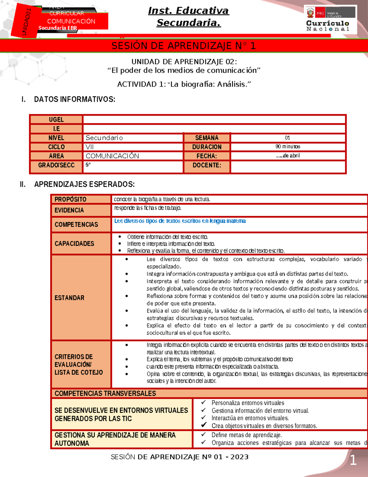 5º COM SES 1 UN 2 SEM 01- 2023 - COMUNICACIÓN UNIDAD Secundaria EBR ÁREA CURRICULAR Inst ...