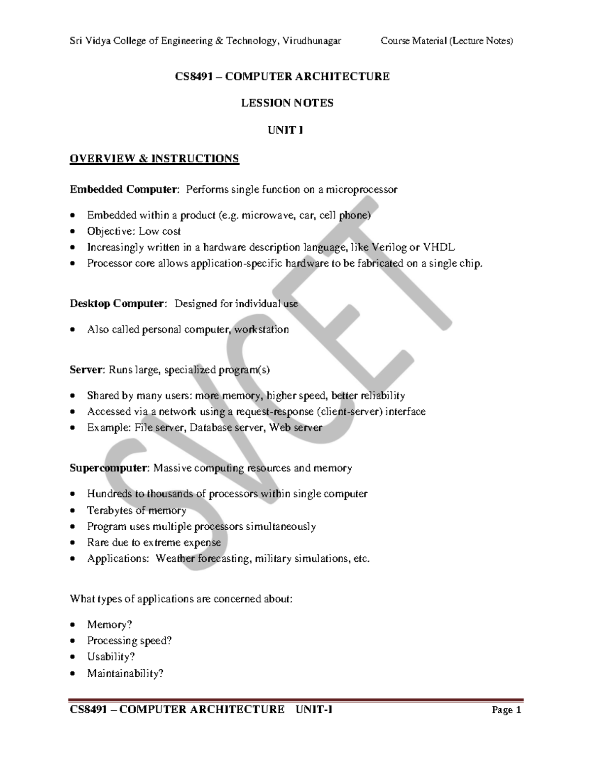 104421 - notes - CS8491 – COMPUTER ARCHITECTURE LESSION NOTES UNIT I ...