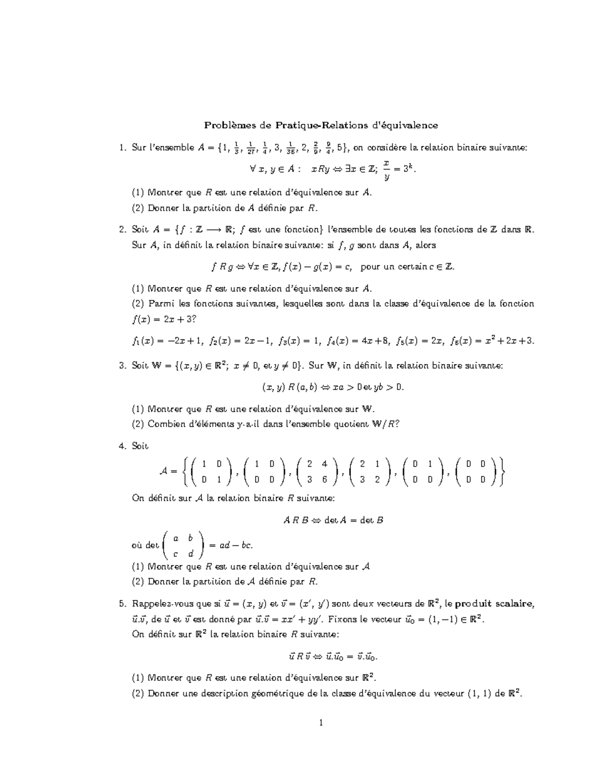 Equiv relations - Pratical exercices - Probl`emes de Pratique-Relations ...