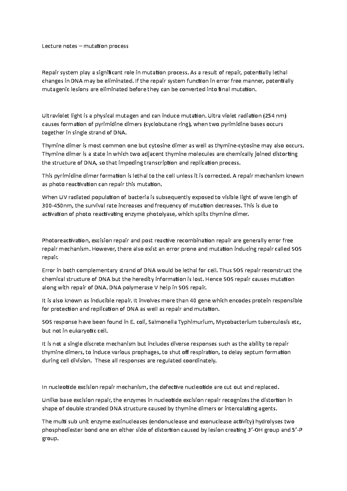 Lecture Notes Mutation Process Lecture Notes Mutation Process Repair System Play A