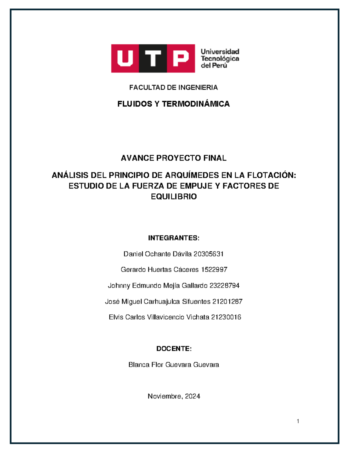 Proyecto Final - genial - FACULTAD DE INGENIERIA FLUIDOS Y TERMODINÁMICA AVANCE PROYECTO FINAL ...